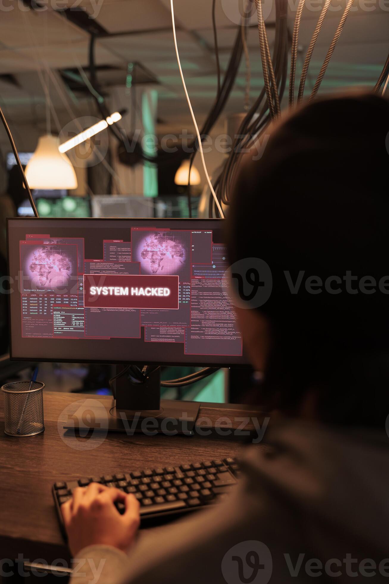 System hacked warning message on computer screen, database unlawful access, server hacking ...