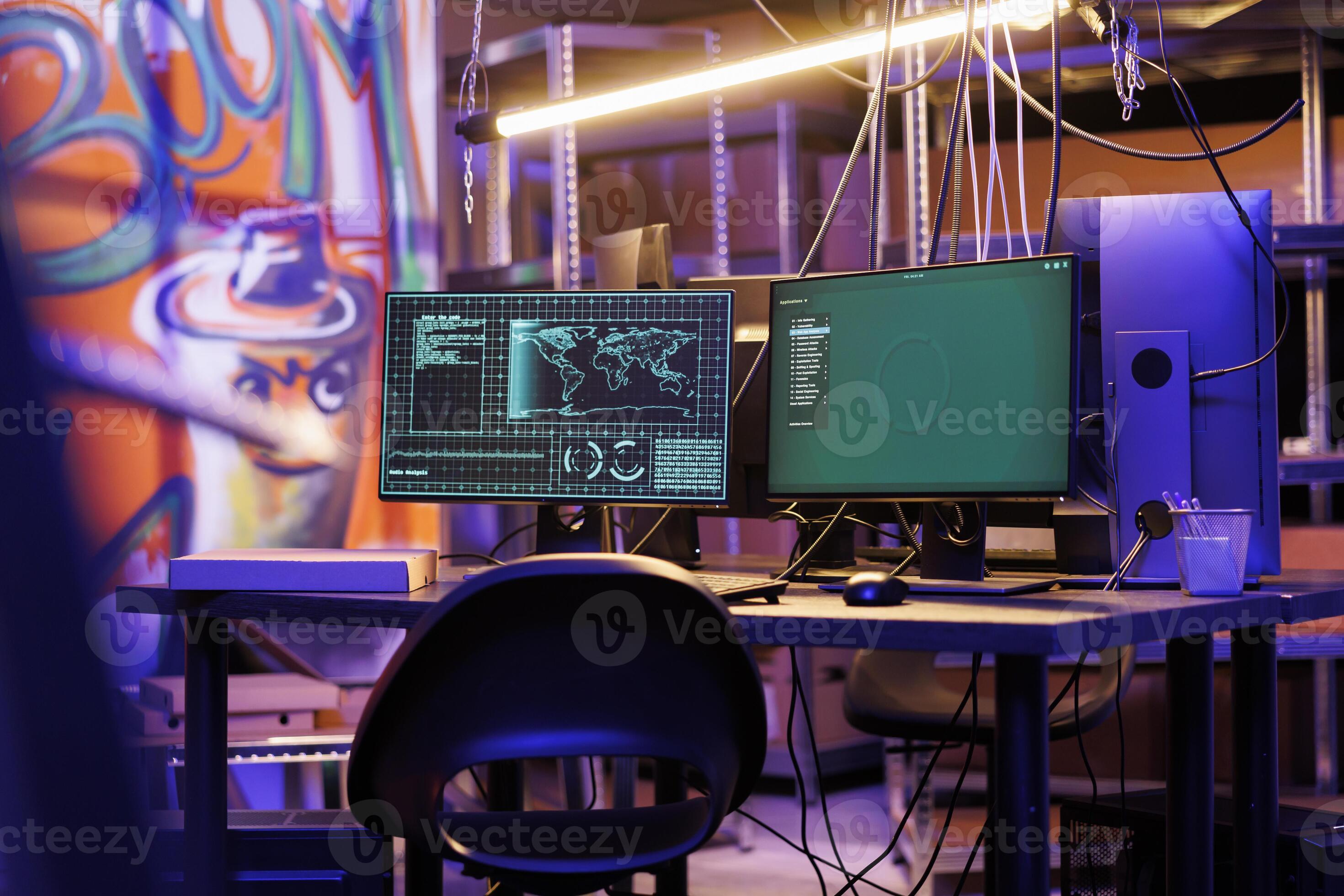 Malicious software on computer screen hacking server in abandoned ...