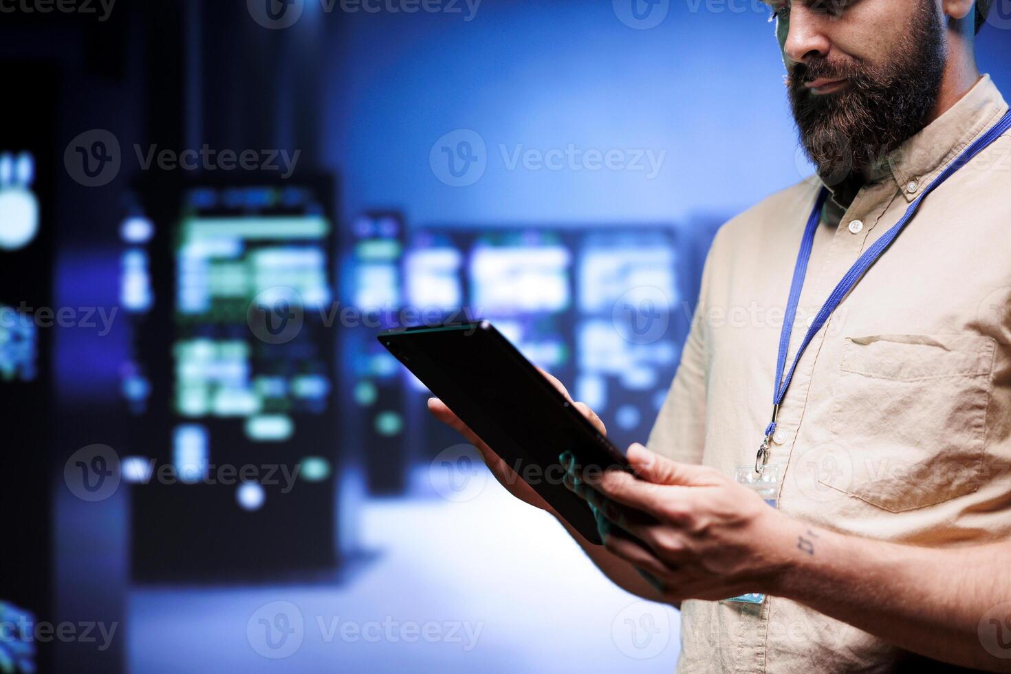Specialist Inspecting Interlinked Computers Creating Server Network Cloud Computing Service