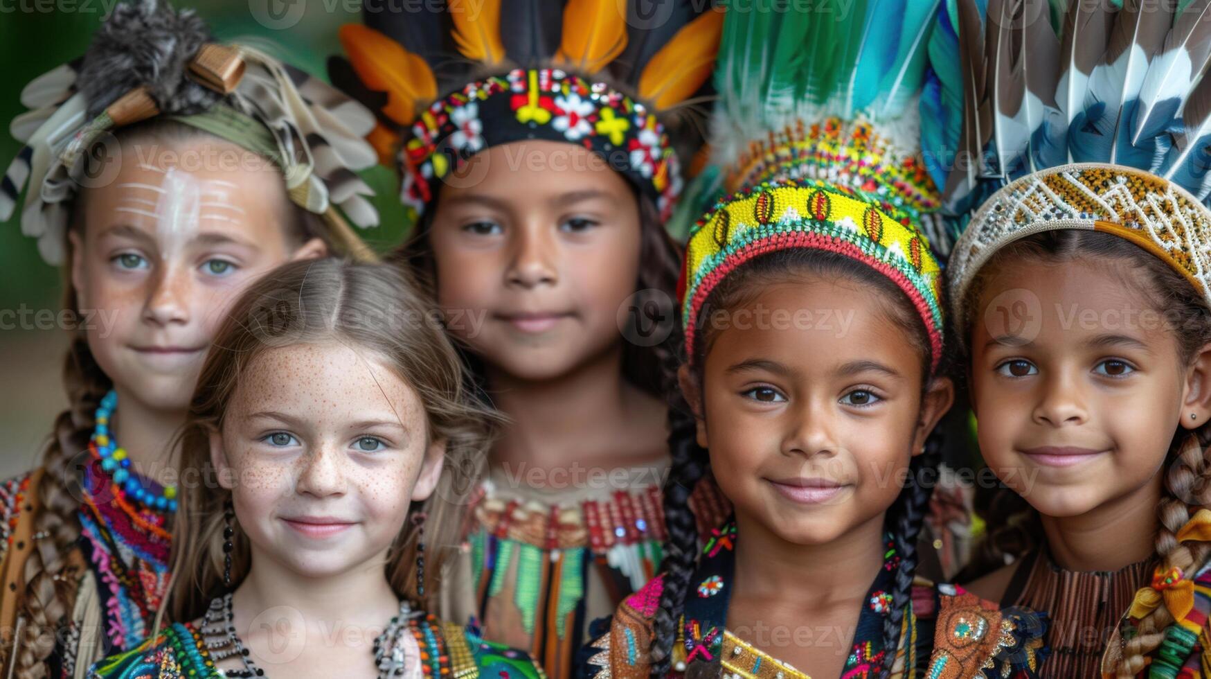 Group of diverse children wearing traditional costumes, celebrating cultural heritage and unity ...