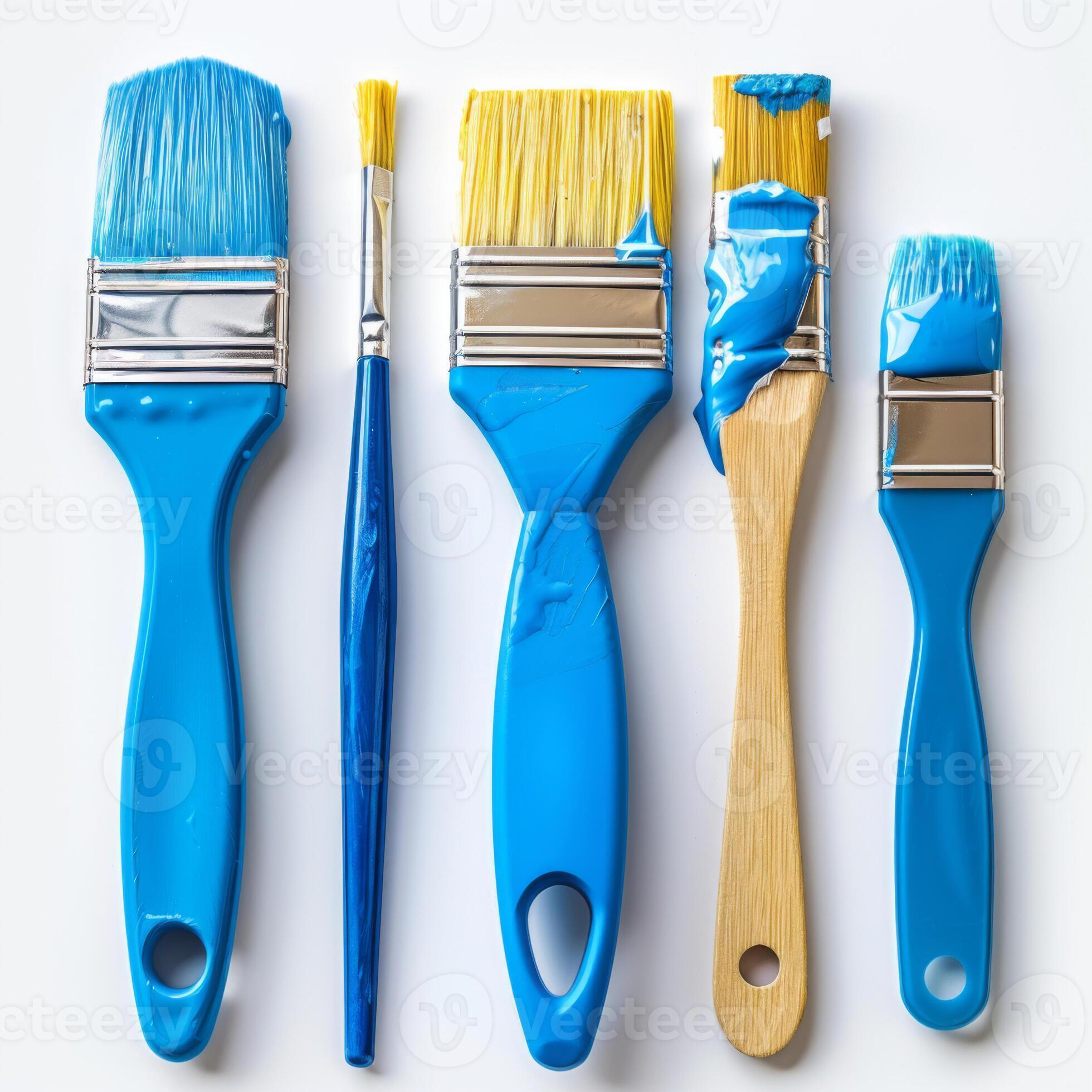 A neat array of new blue paint brushes against a pure white background ...