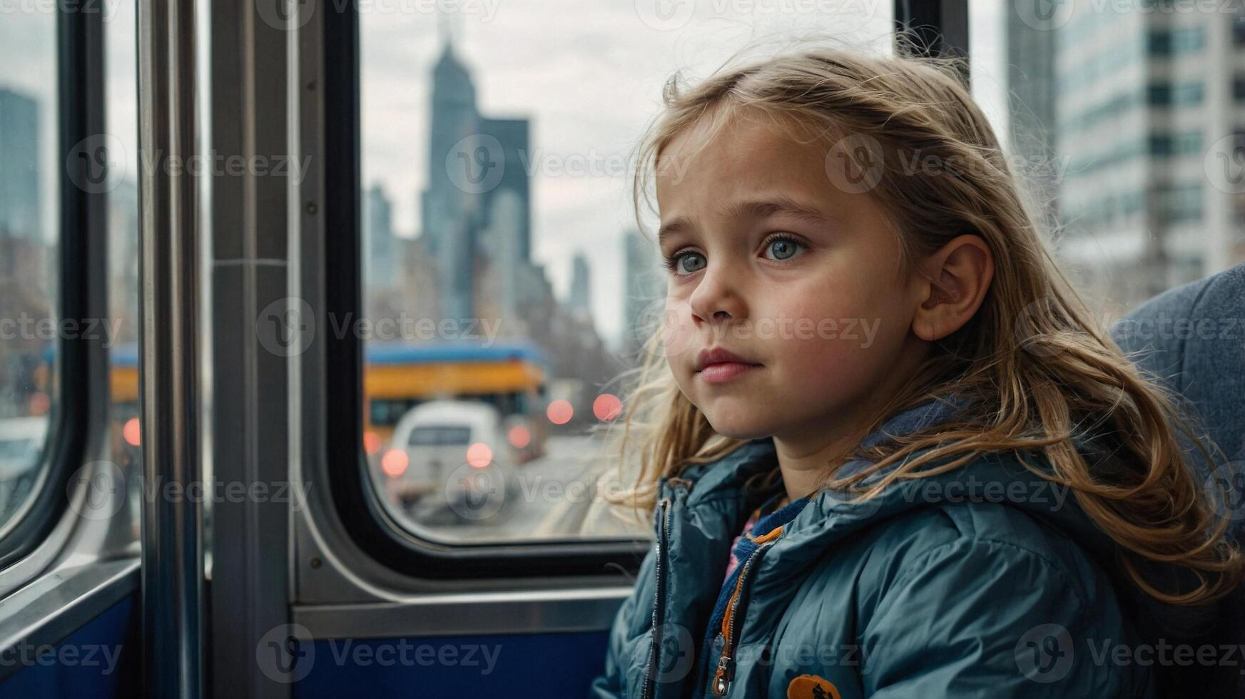 Young Girl Riding A Public Bus And Looking Out The Window With Bustling Cityscape Outside The