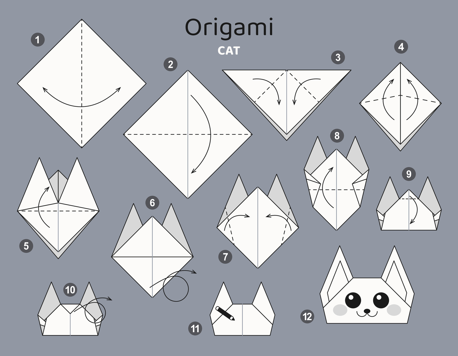 Cat origami scheme tutorial moving model. Origami for kids. Step by step how to make a cute ...