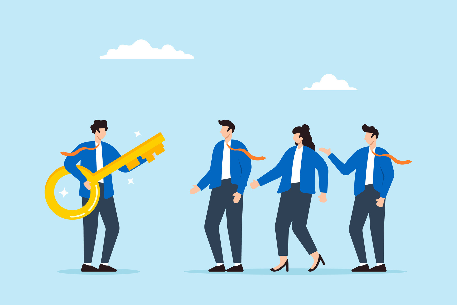 Businessman holding golden key next to job candidates finding perfect ... Businessman holding golden key next to job candidates finding perfect ...