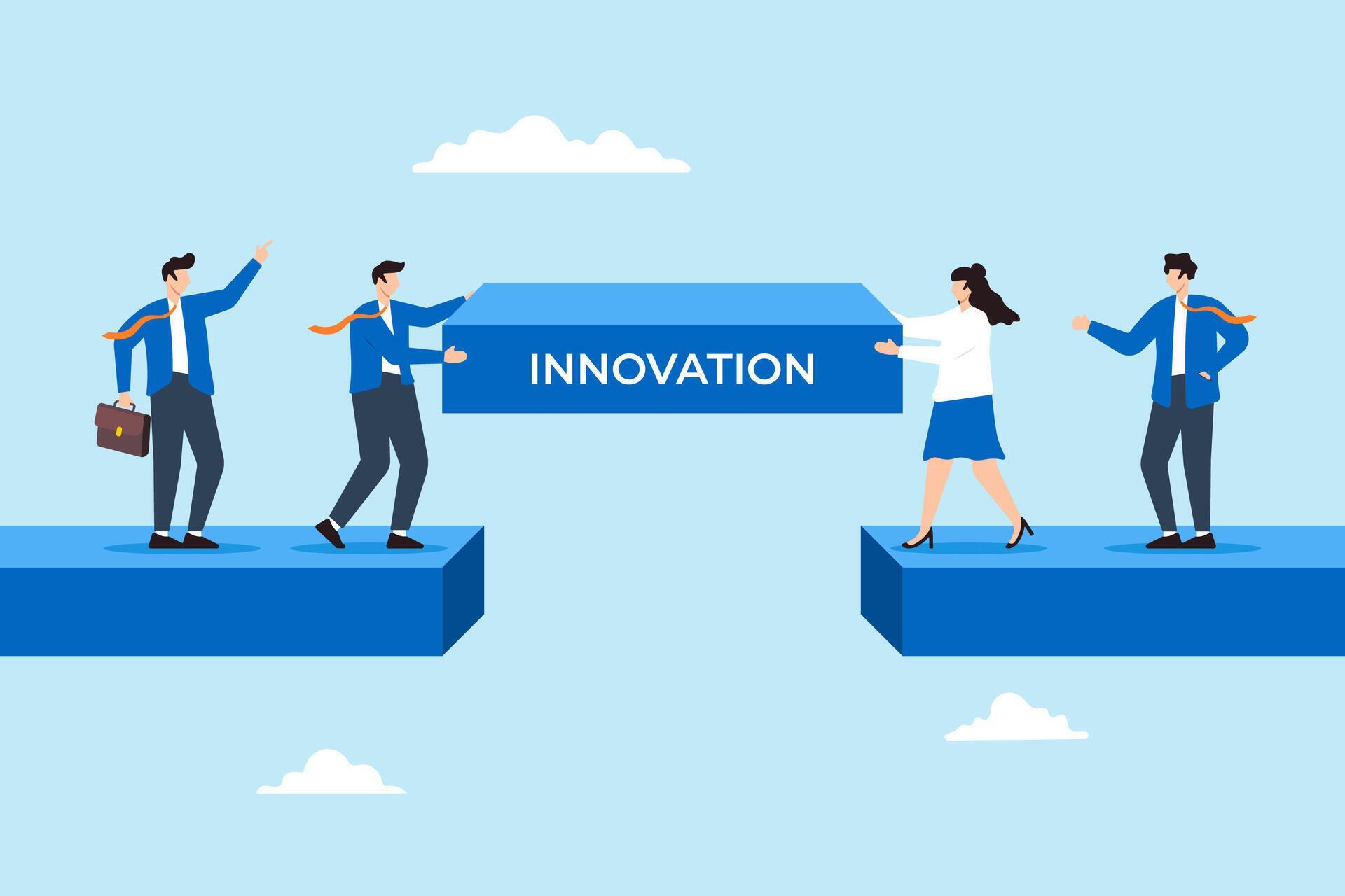 Business team constructing bridge over gap labeled Innovation concept change adapting and ...