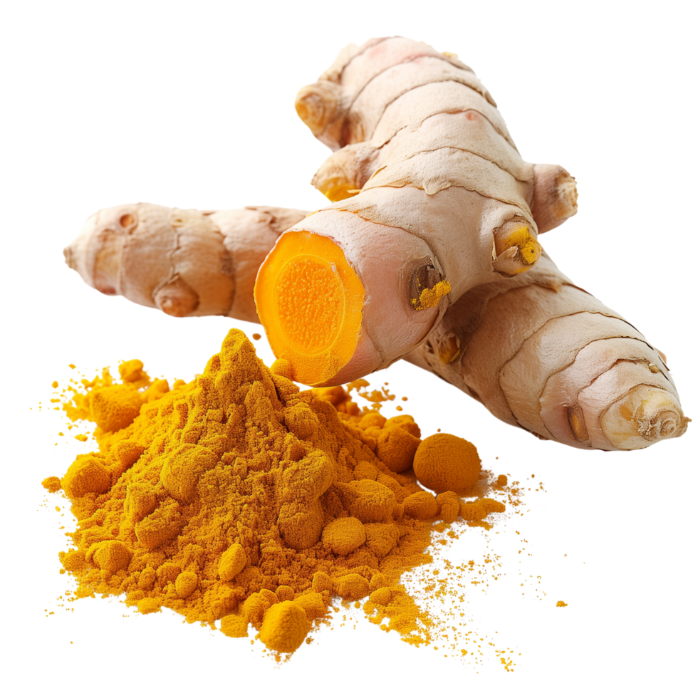 Clear And Sharp Focus Close Up Of Fresh Curcuma Longa Roots Beside A Pile Of Turmeric Powder