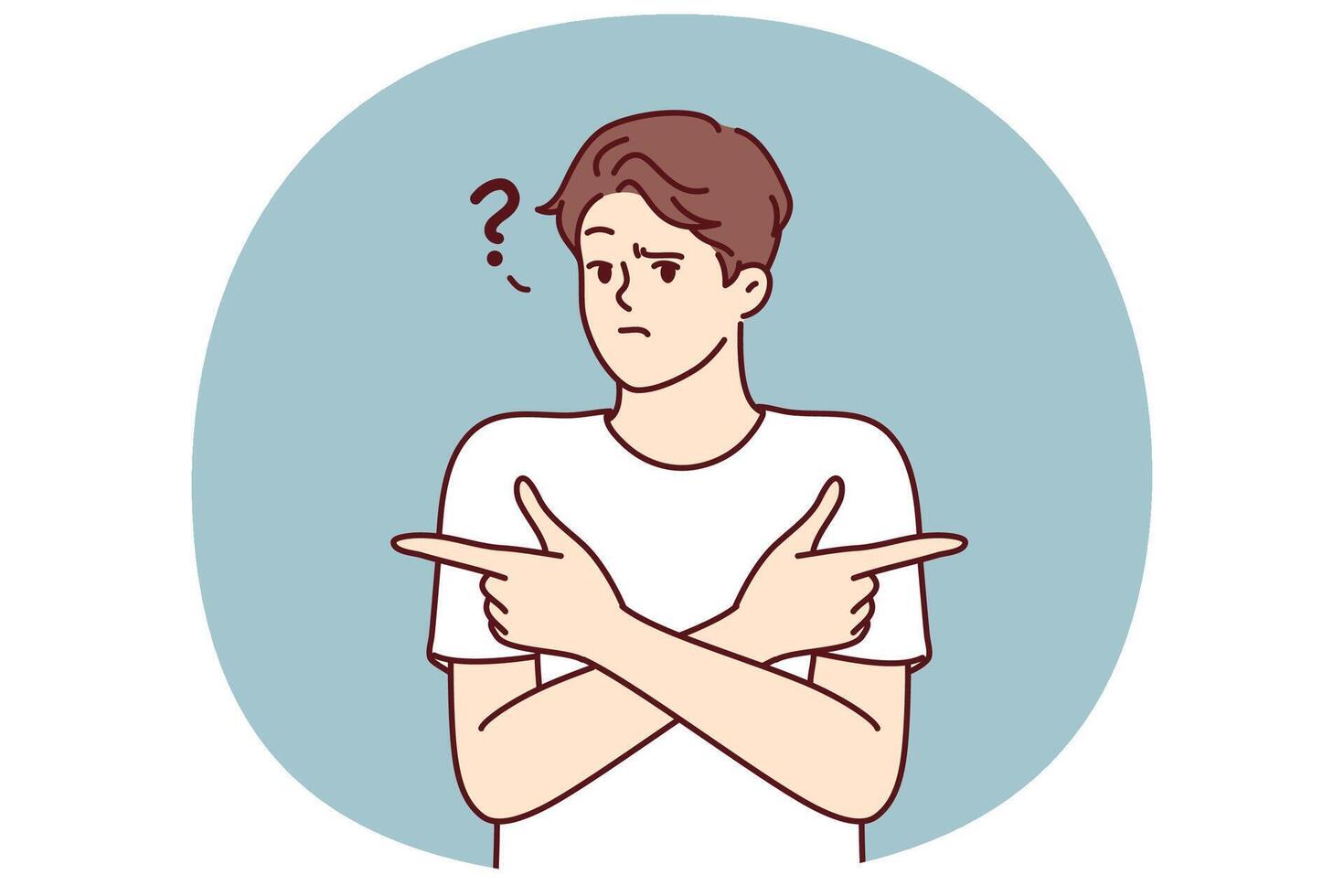 Puzzled man pointing fingers in different directions doubtful trying to ... Puzzled man pointing fingers in different directions doubtful trying to ...