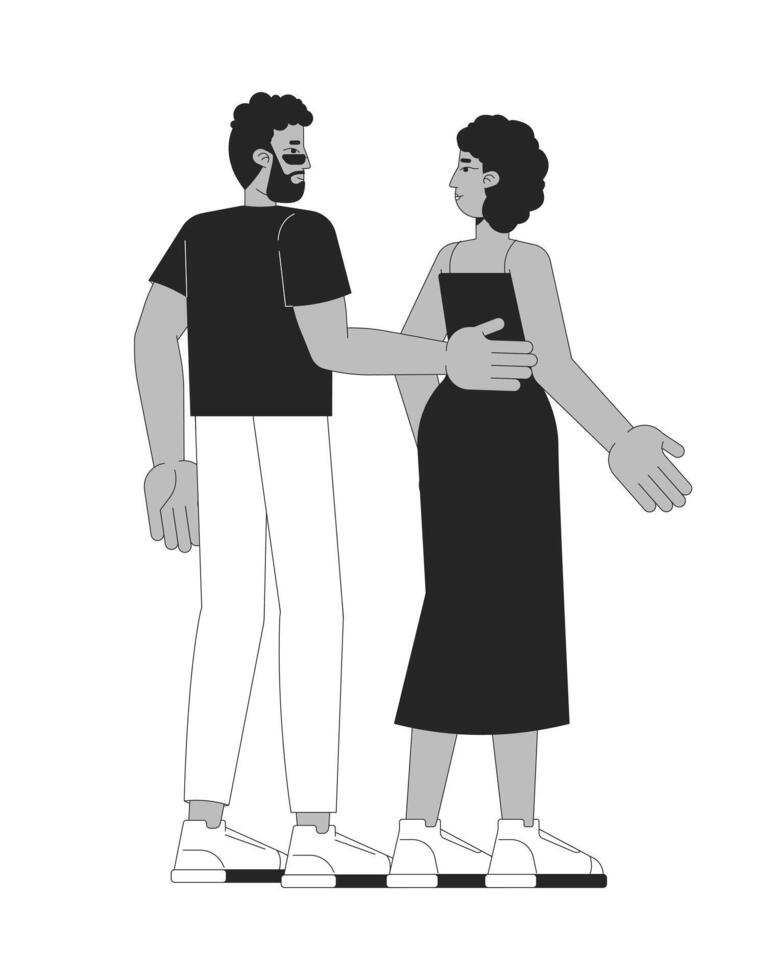 Black Man Holding Hand On Wife Back Black And White 2d Line Cartoon Characters African American