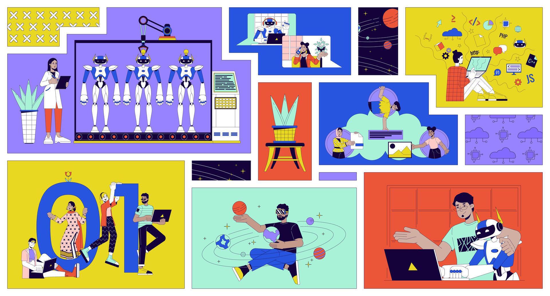 Software developers bento grid illustration set. Robotics manufacturing ...