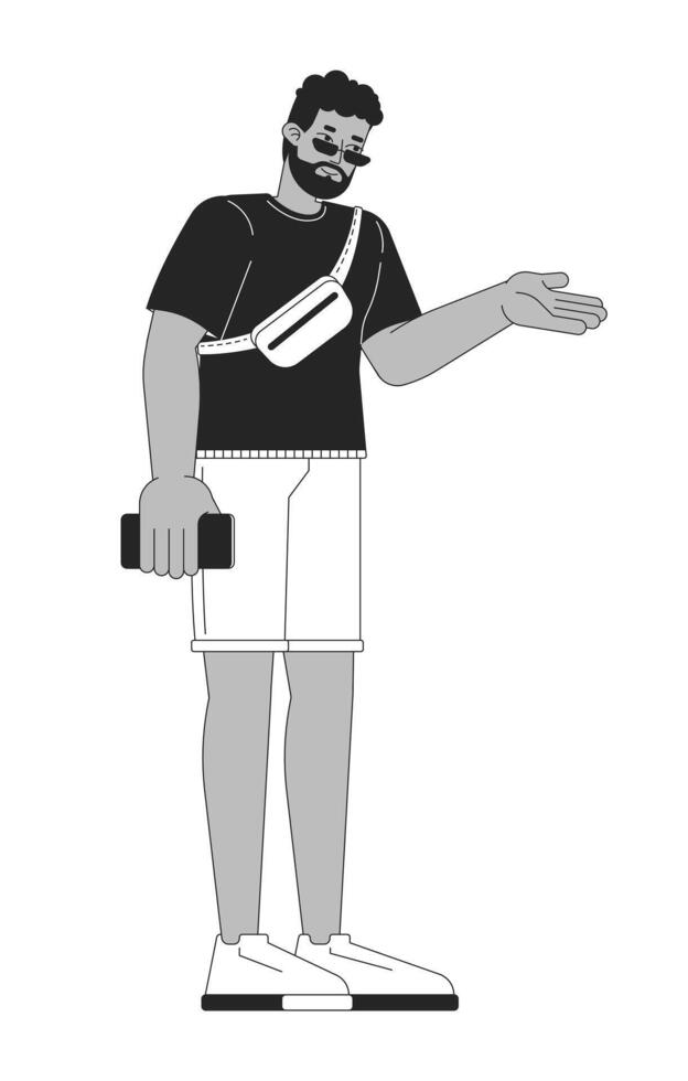 Summer Tourist Black Man Holding Phone Black And White 2d Line Cartoon