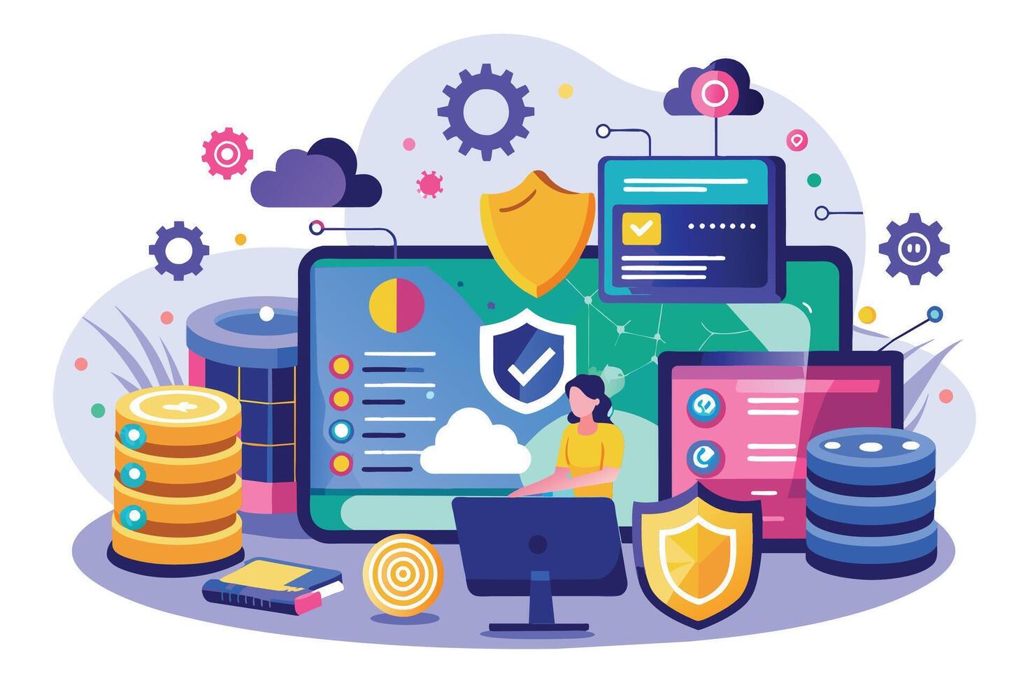 Woman Working On A Secure Cloud Network With Multiple Devices And Data Storage 47408407 Vector