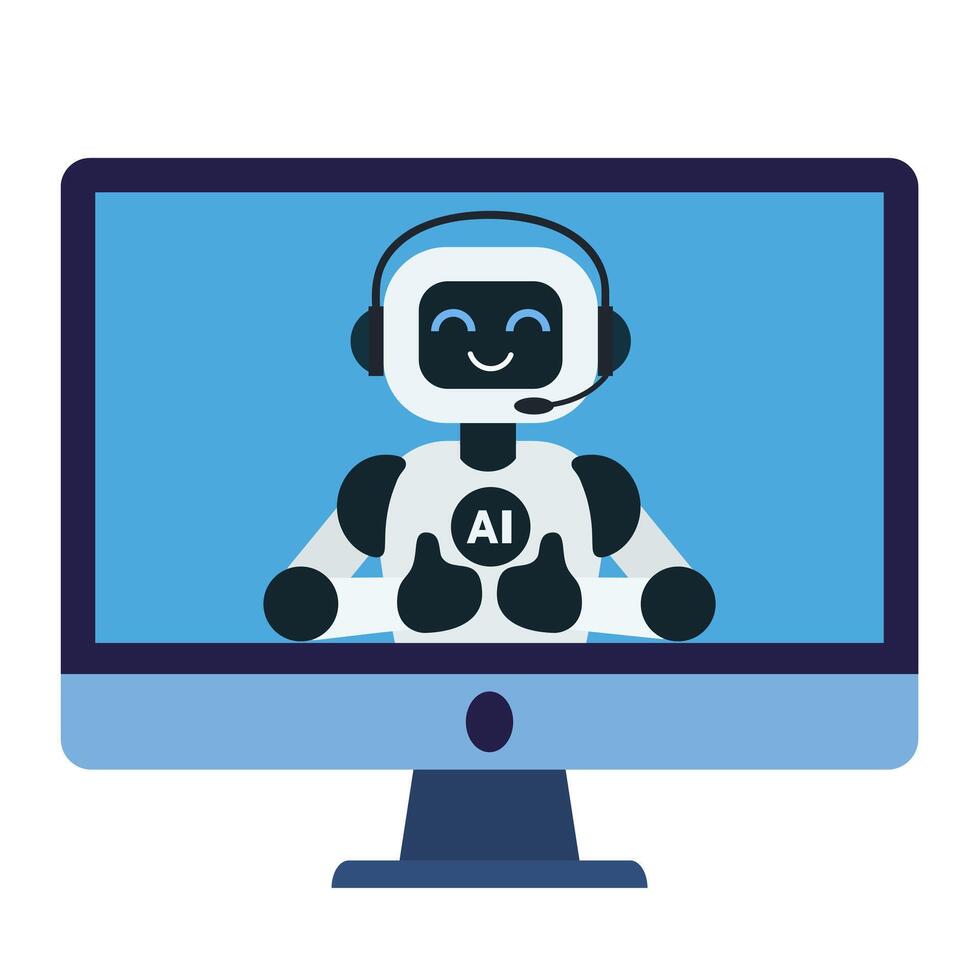 Cute chat bot robot shows thumbs up on the computer monitor screen 47409302 Vector Art at Vecteezy