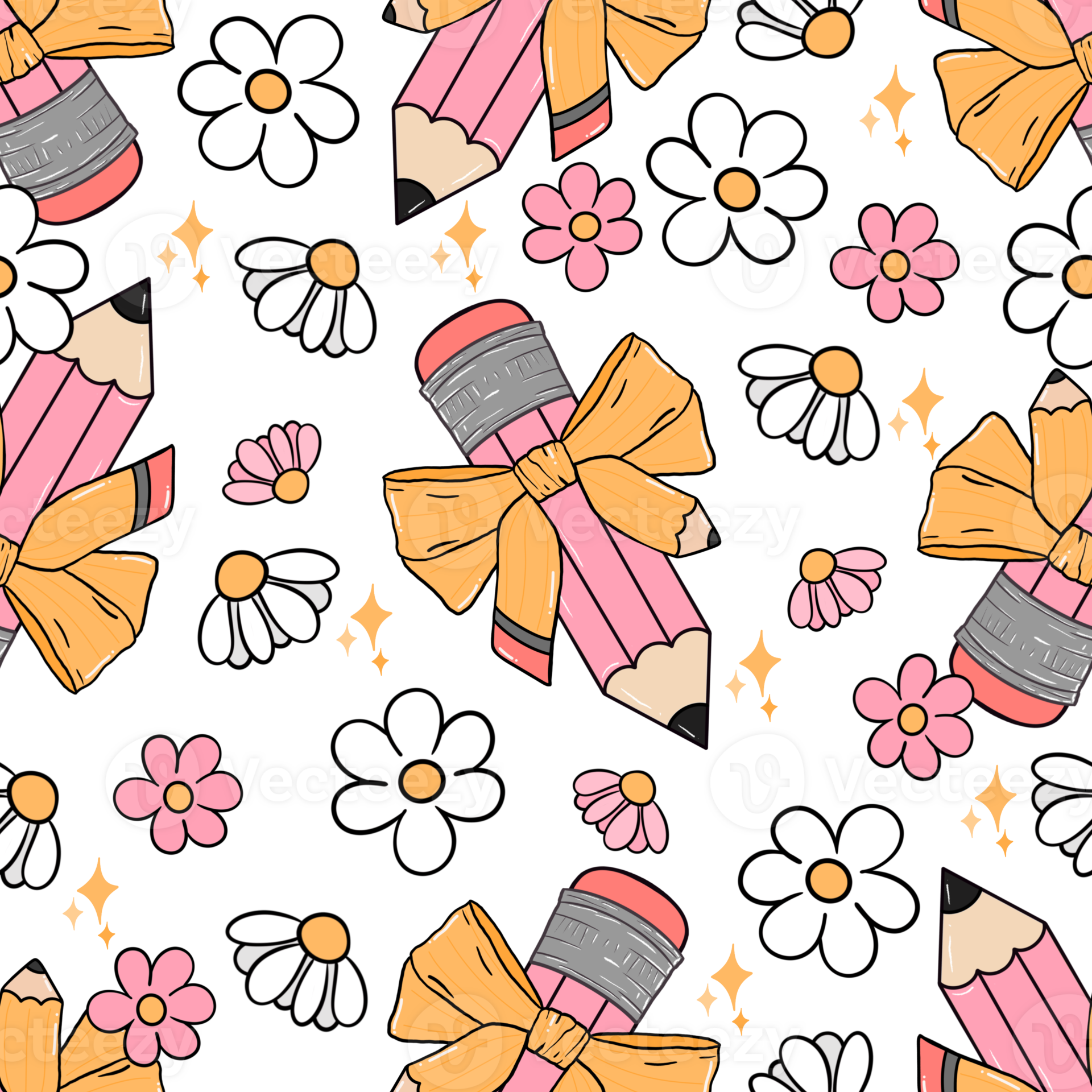 Pencil and coquette bow seamless pattern, Groovy retro back to school ...