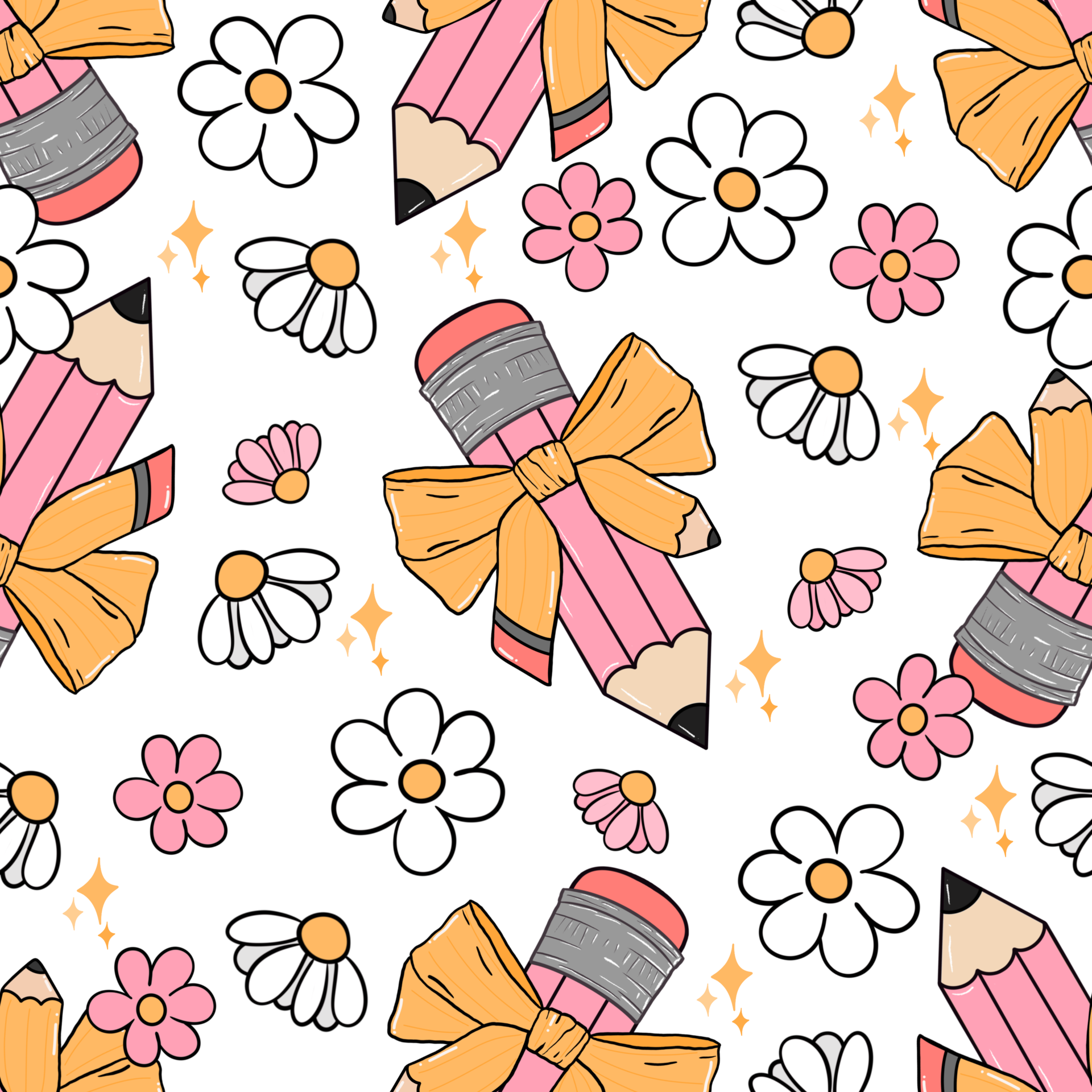 Pencil And Coquette Bow Seamless Pattern Groovy Retro Back To School