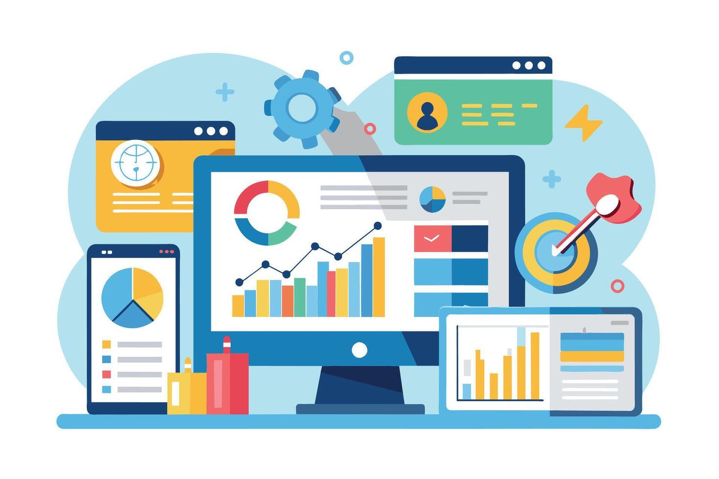 Computer Smartphone And Tablet Displaying Data Analytics Charts And Graphs 47411476 Vector Art