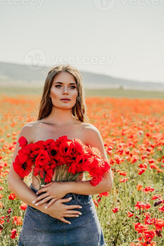 Woman Poppies Field Portrait Happy Woman With Long Hair In A Poppy Field And Enjoying The