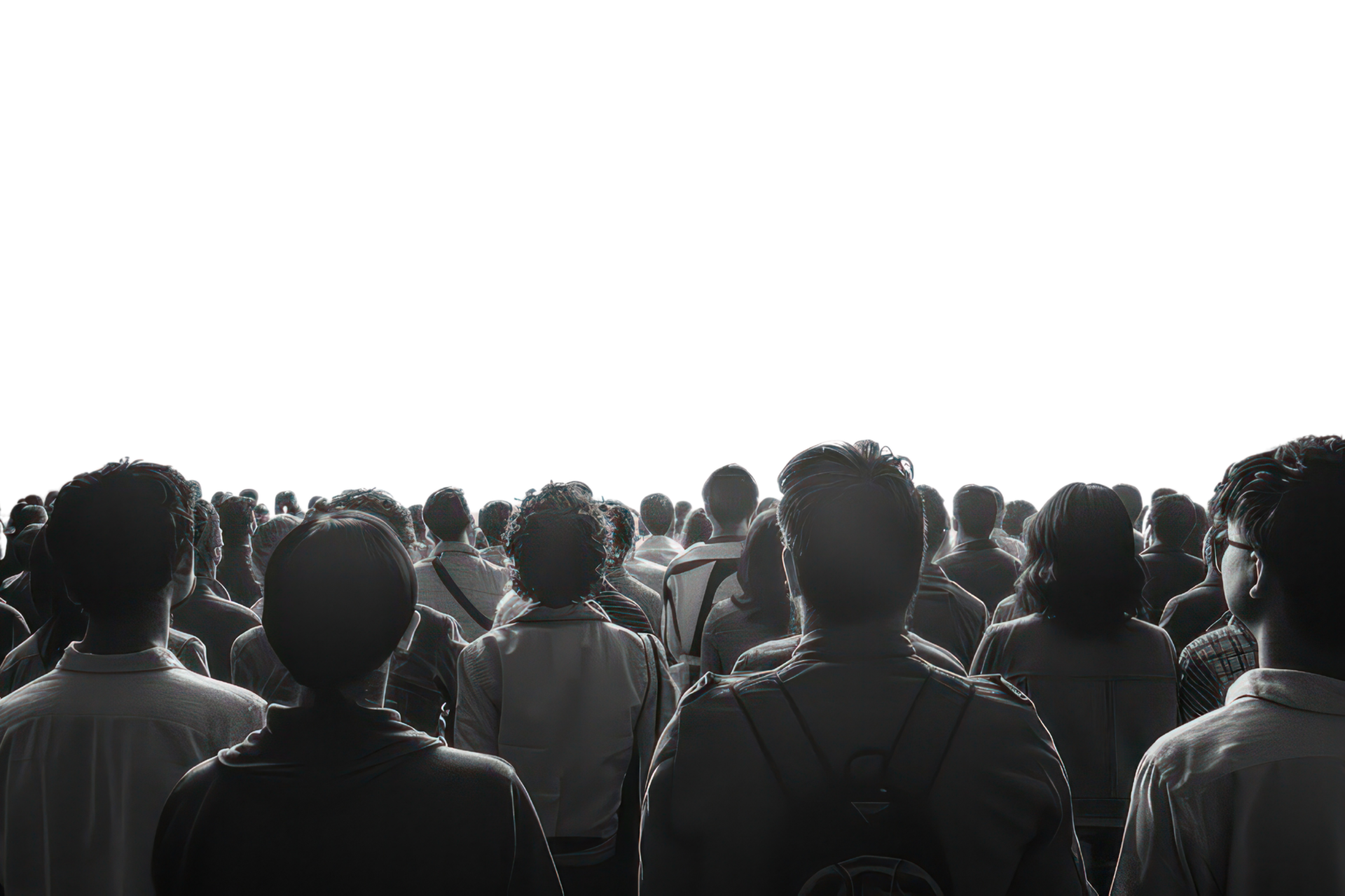 A crowd of people are standing in a field on transparent background ...