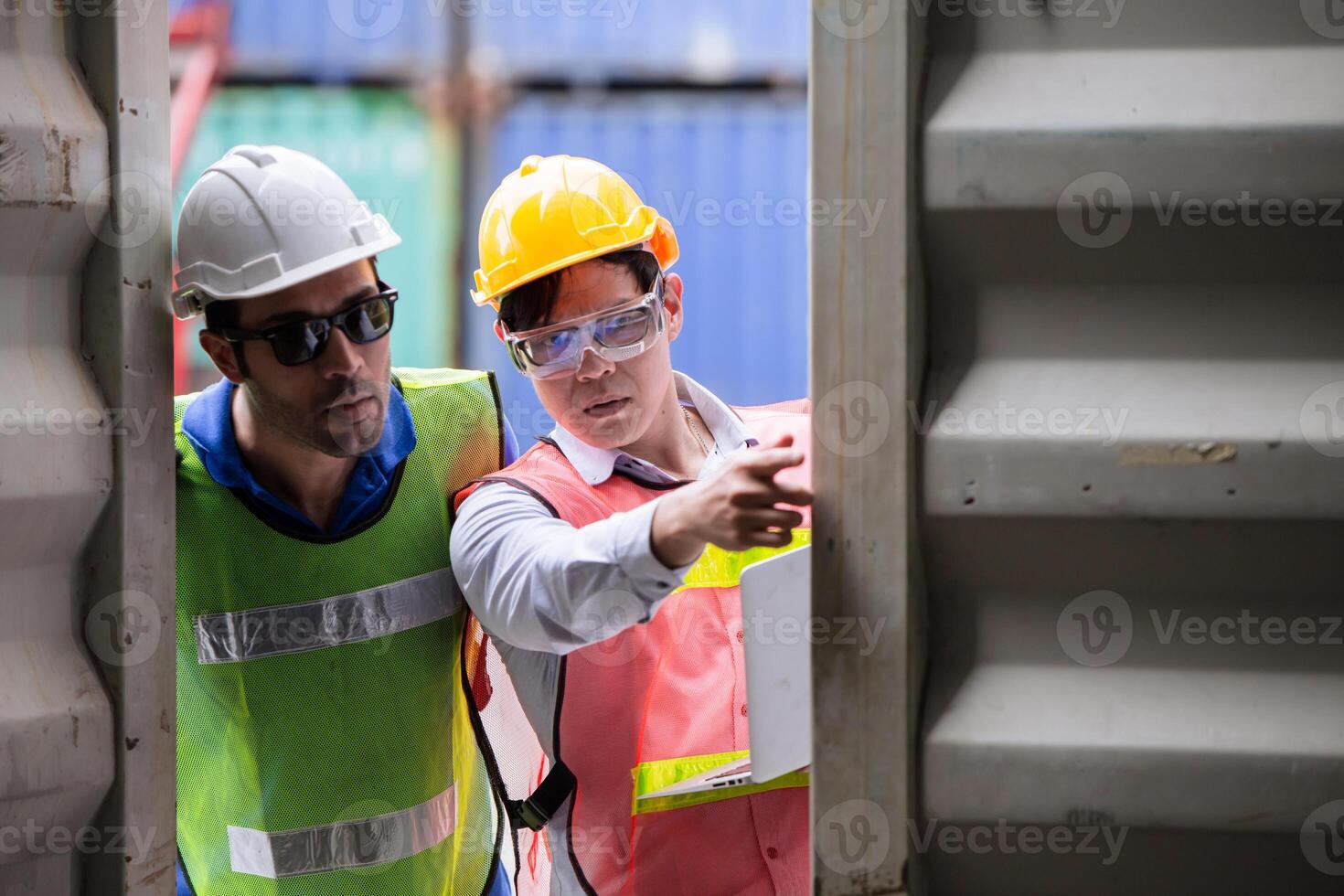 Customs Team Staff Open Container Door checking look inside Cargo In Container Cabinet. Import ...