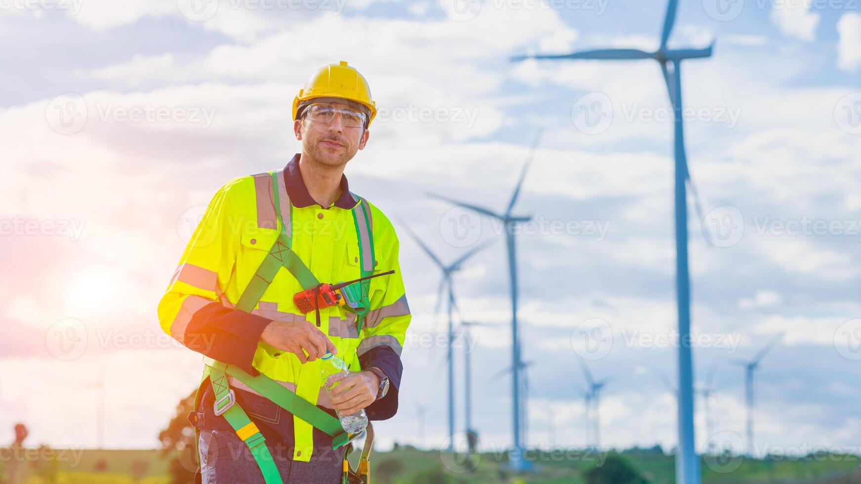 engineer male worker outdoors in hot summer season tired thirsty, man drinking water working ...