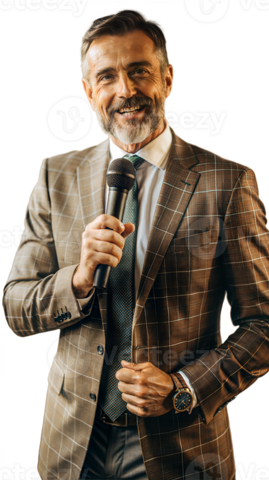 Smiling Man Holding Microphone In Brown Plaid Suit 47418198 Png