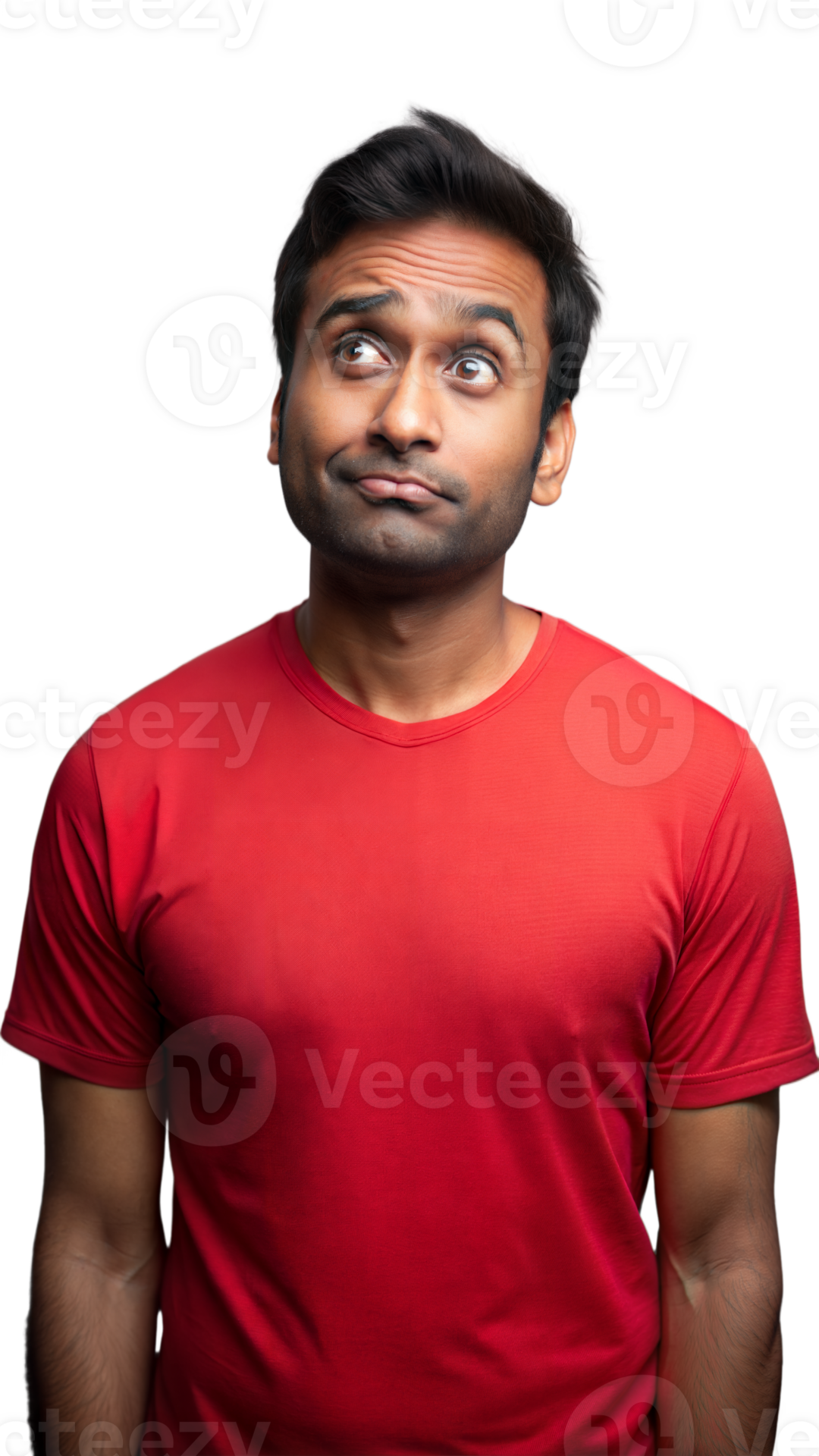 Man Wearing Red T Shirt Looking Upwards With Thinking Expression 47419855 Png