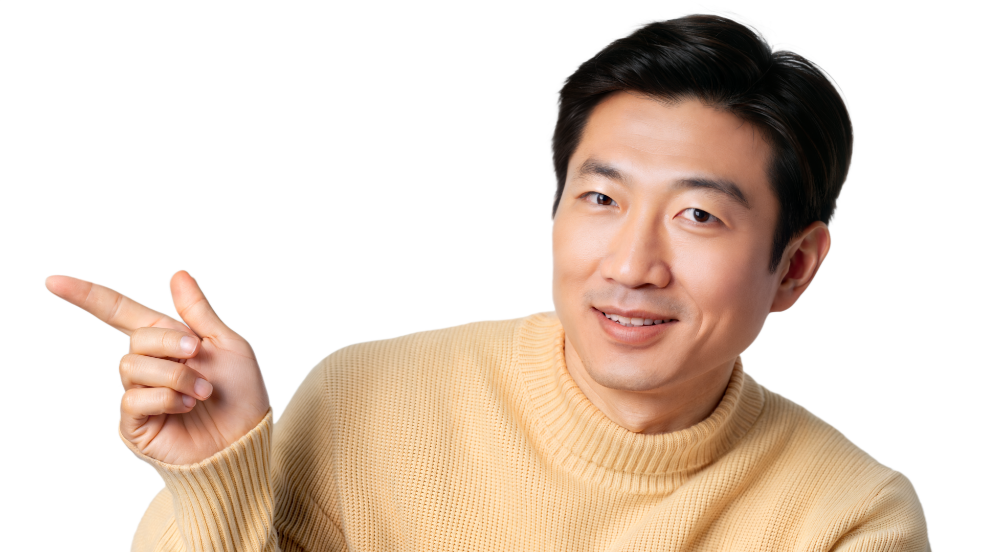 Smiling Asian Man Pointing Right, Isolated on Transparent Background ...