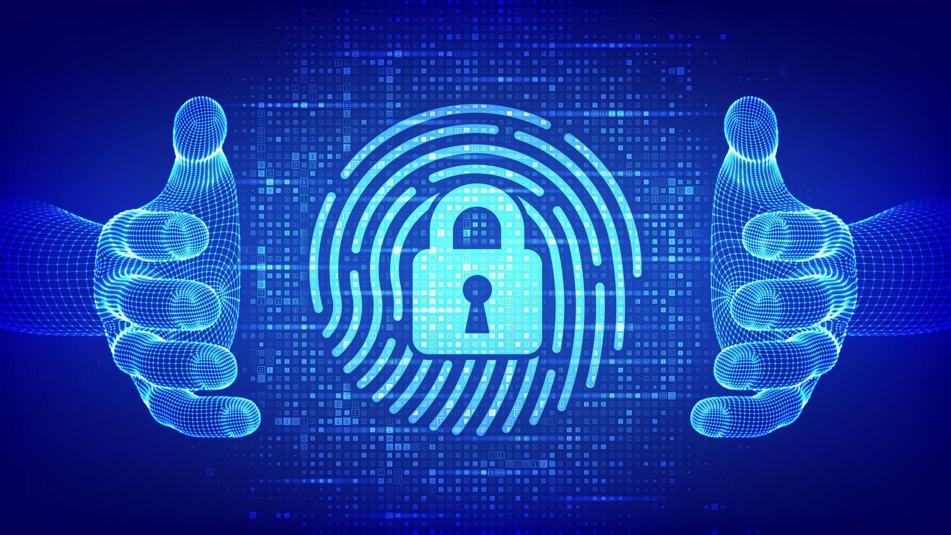 Fingerprint With Padlock Icon Made With Binary Code In Wireframe Hands Personal Data Protection