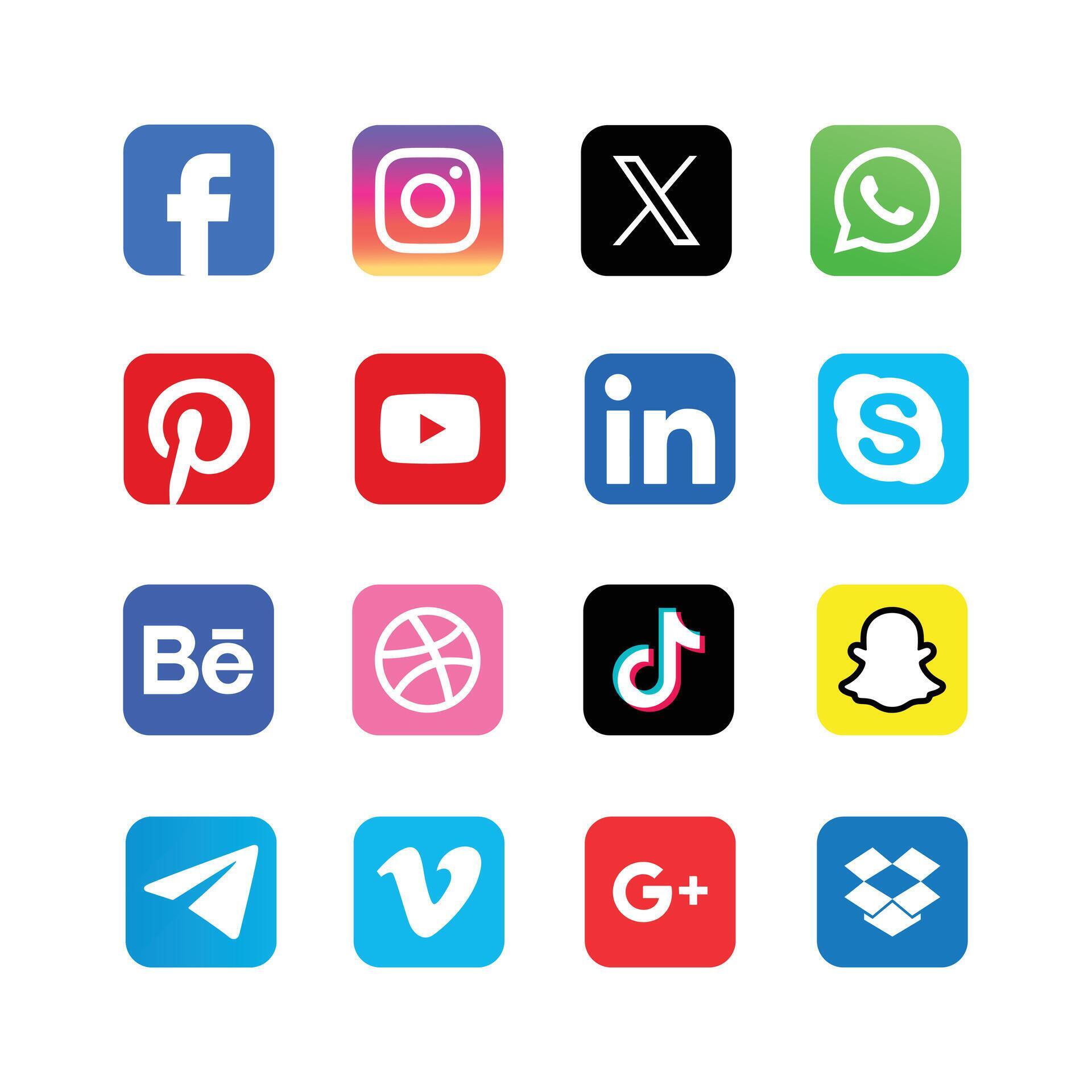 Set of popular Social Media Icons including Facebook, Instagram, x, threads, YouTube, WhatsApp ...