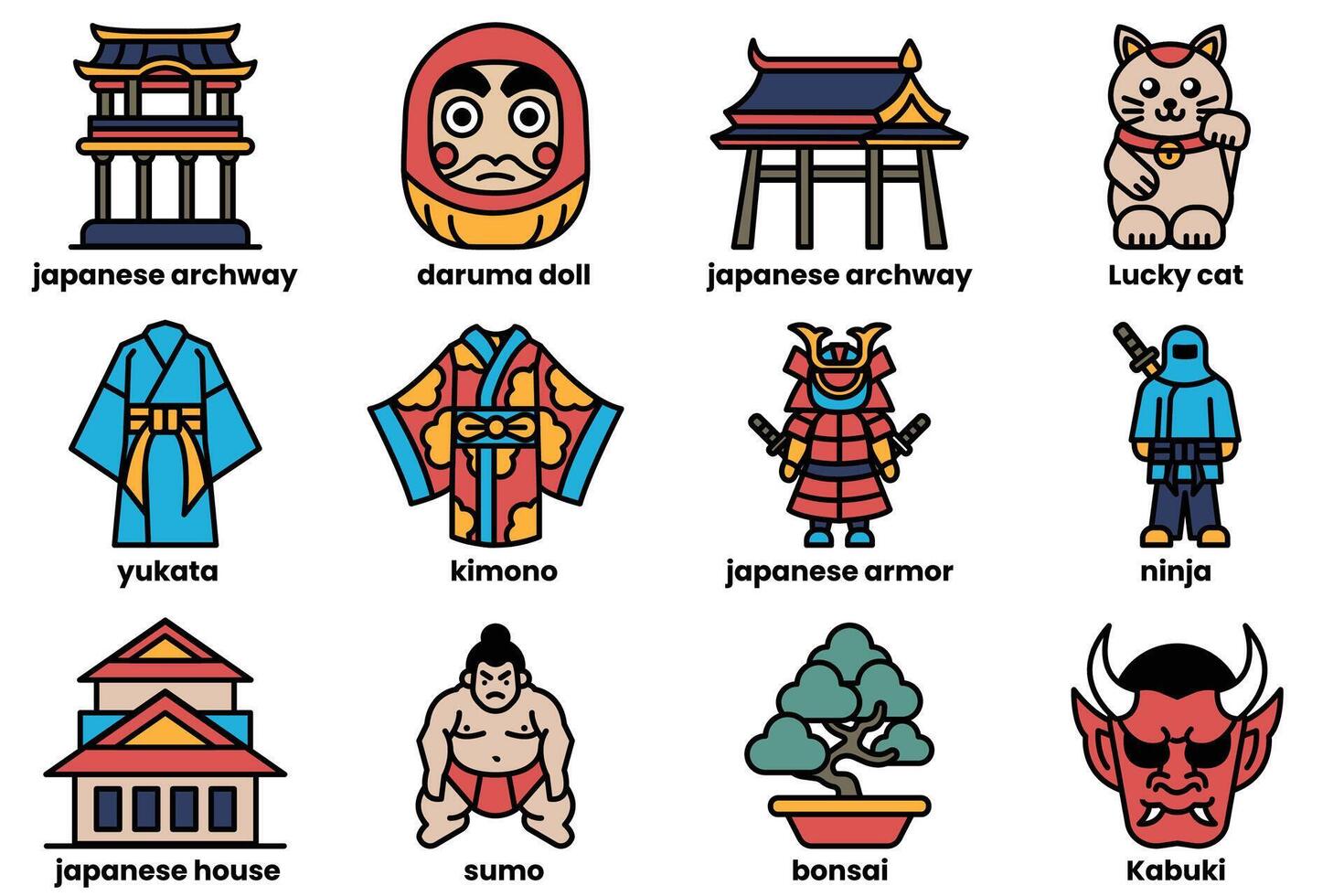 A Collection Of Japanese Symbols And Characters Including A Lucky Cat 47425766 Vector Art At