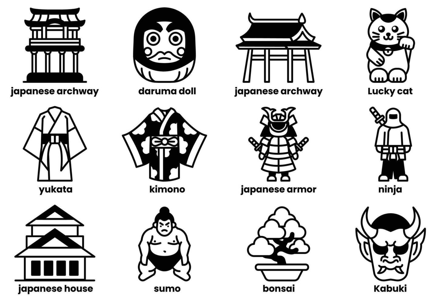 A Collection Of Japanese Symbols And Characters Including A Lucky Cat 47425769 Vector Art At