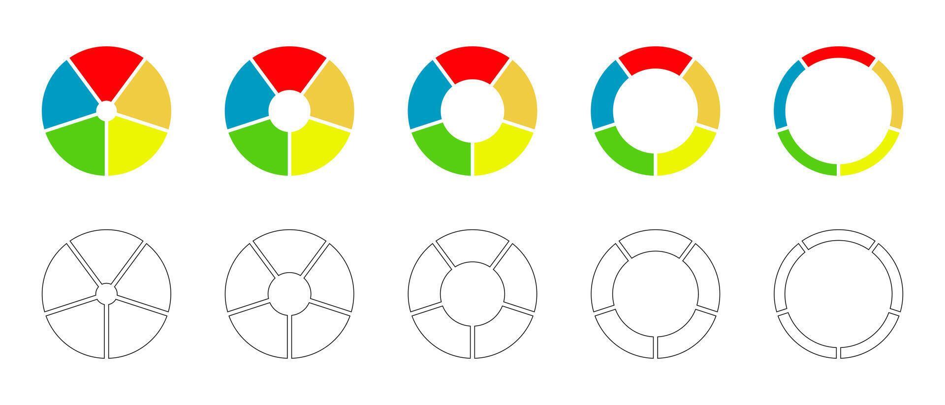 Donut charts, pies segmented on 5 equal parts. Circle section graph. Diagrams infographic ...