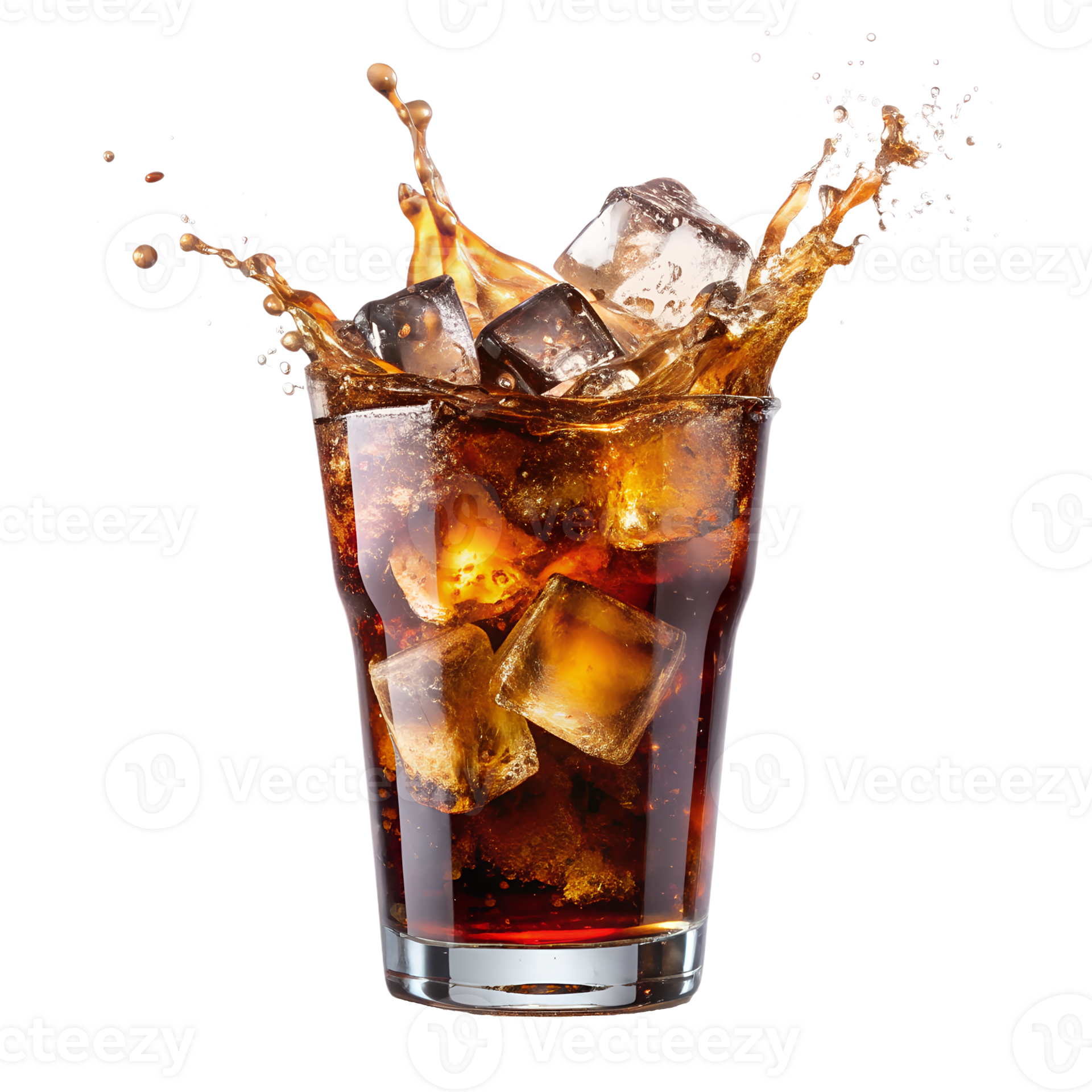 Refreshing glass of cola with ice cubes splashing out, perfect for representing a cool beverage ...