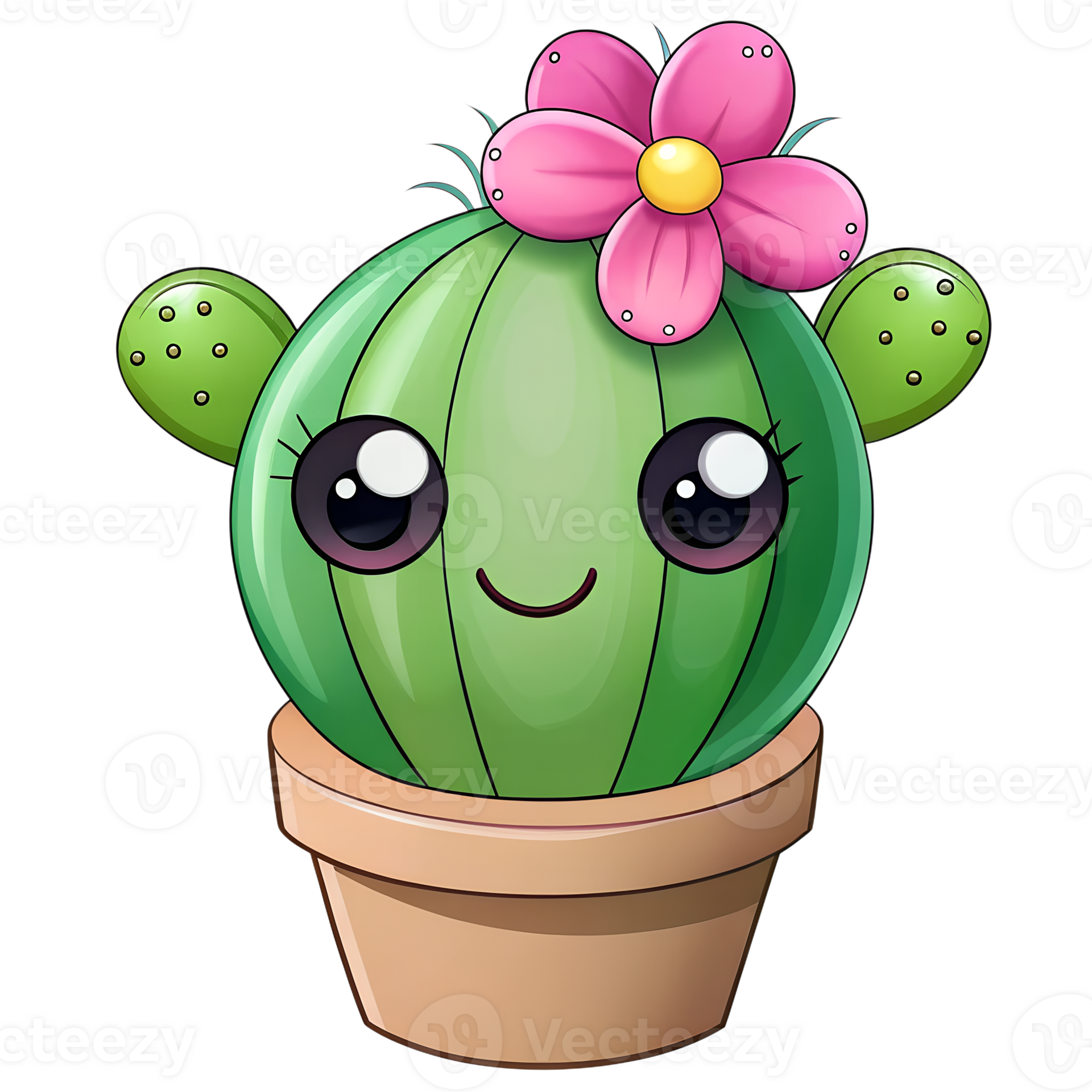 Cute Kawaii Cactus With A Flower Happy Face In A Terracotta Pot