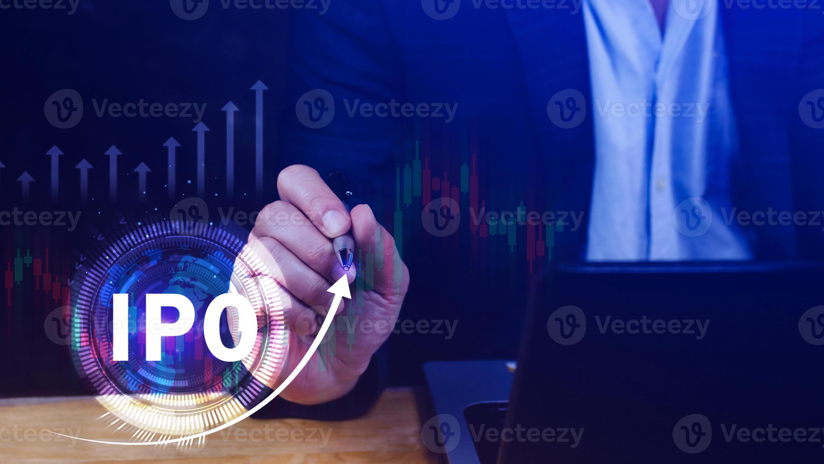 IPO, Initial public offering concept, Businessman with virtual IPO word with stock graph for ...