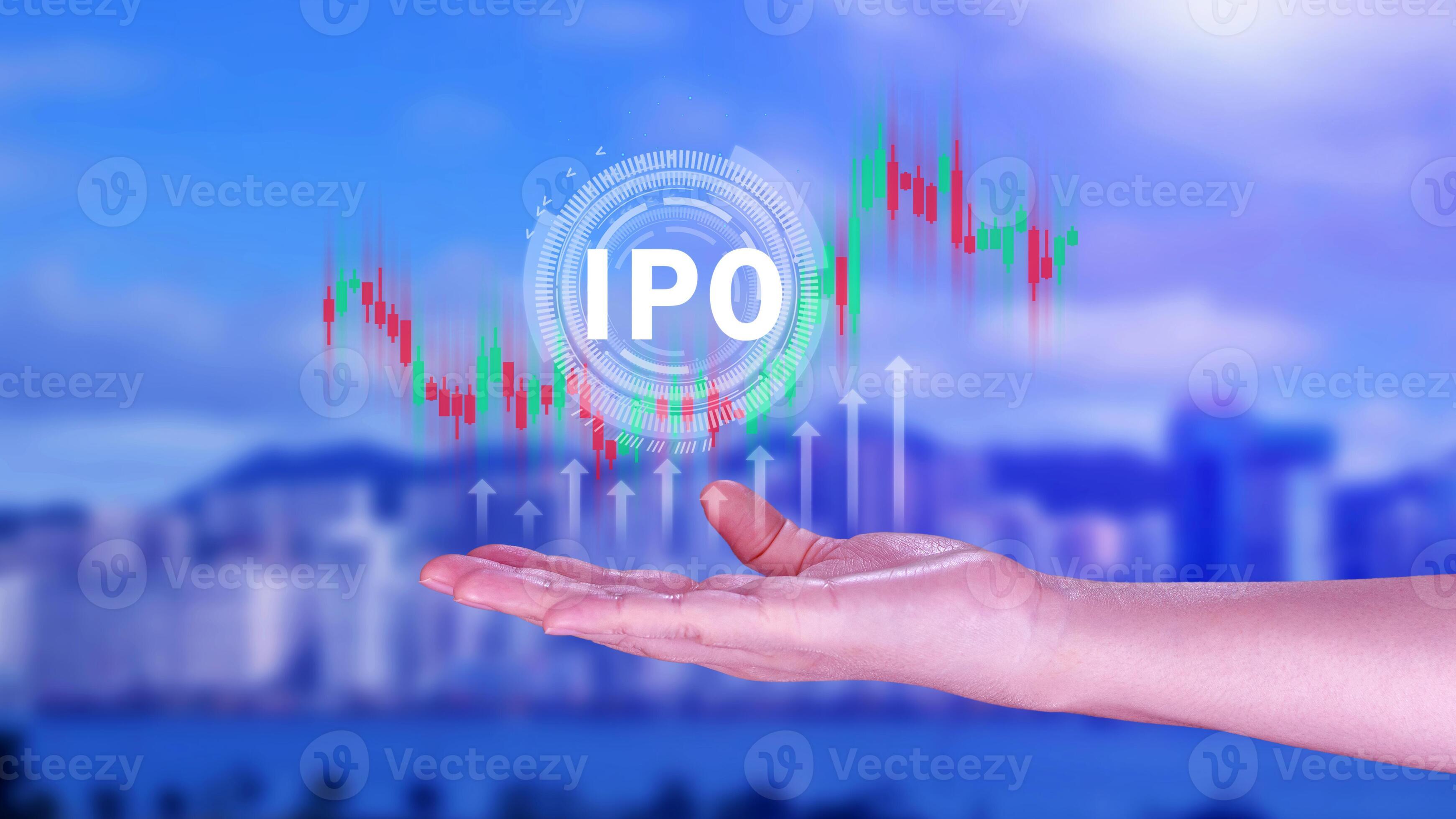 IPO, Initial public offering concept, Businessman with virtual IPO word with stock graph for ...