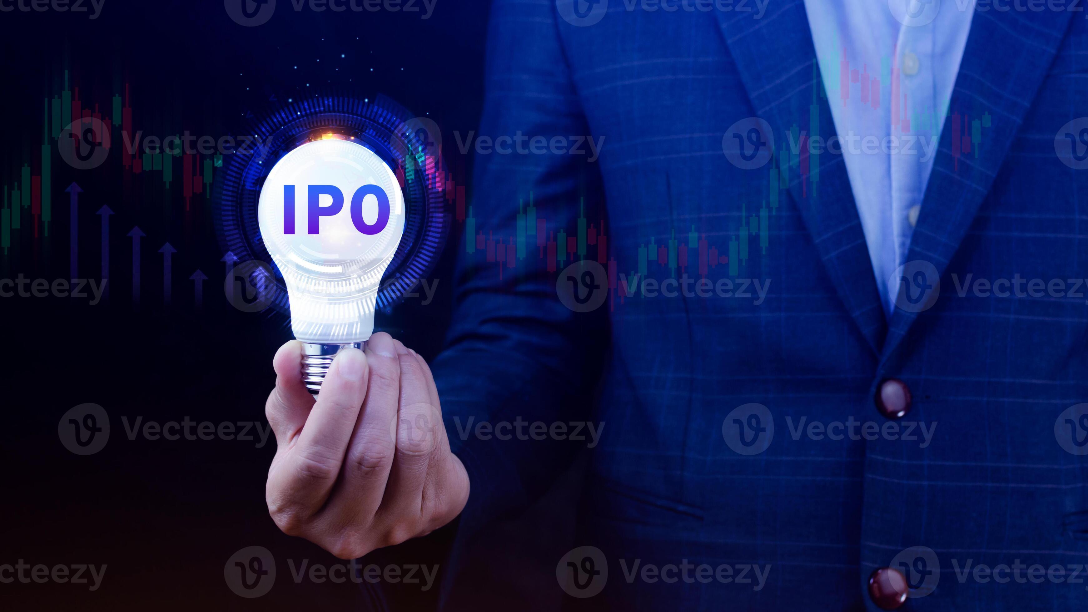 IPO, Initial public offering concept, Businessman with virtual IPO word with stock graph for ...