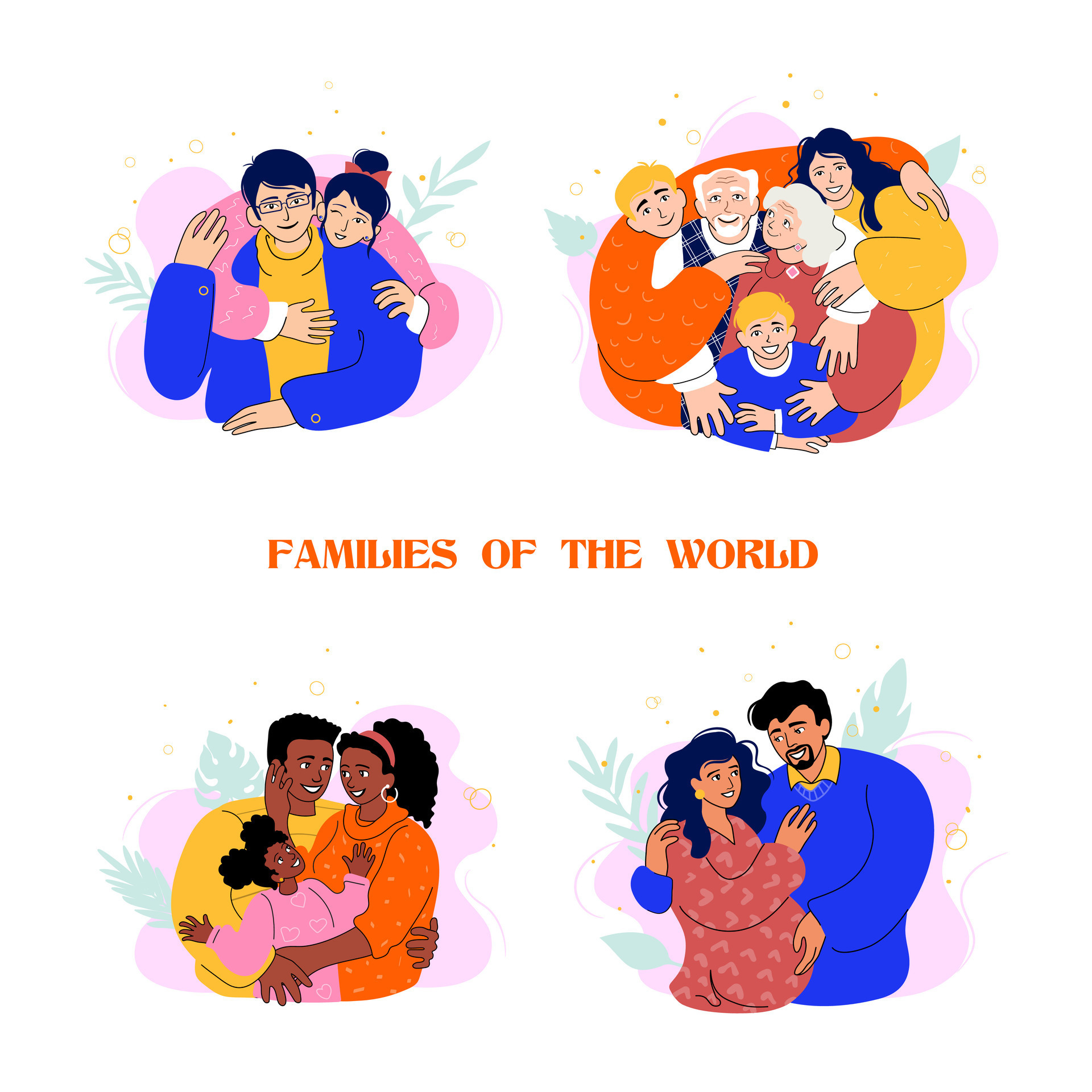 Happy diverse families, tender hug. Doodles 47442114 Vector Art at Vecteezy