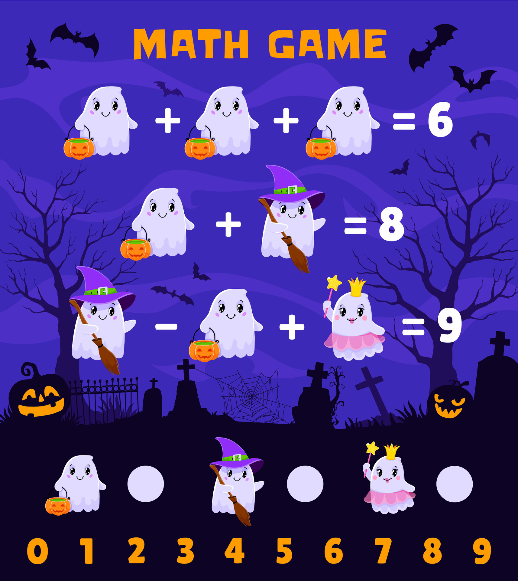 Math game worksheet with kawaii ghost characters 47447165 Vector Art at ...