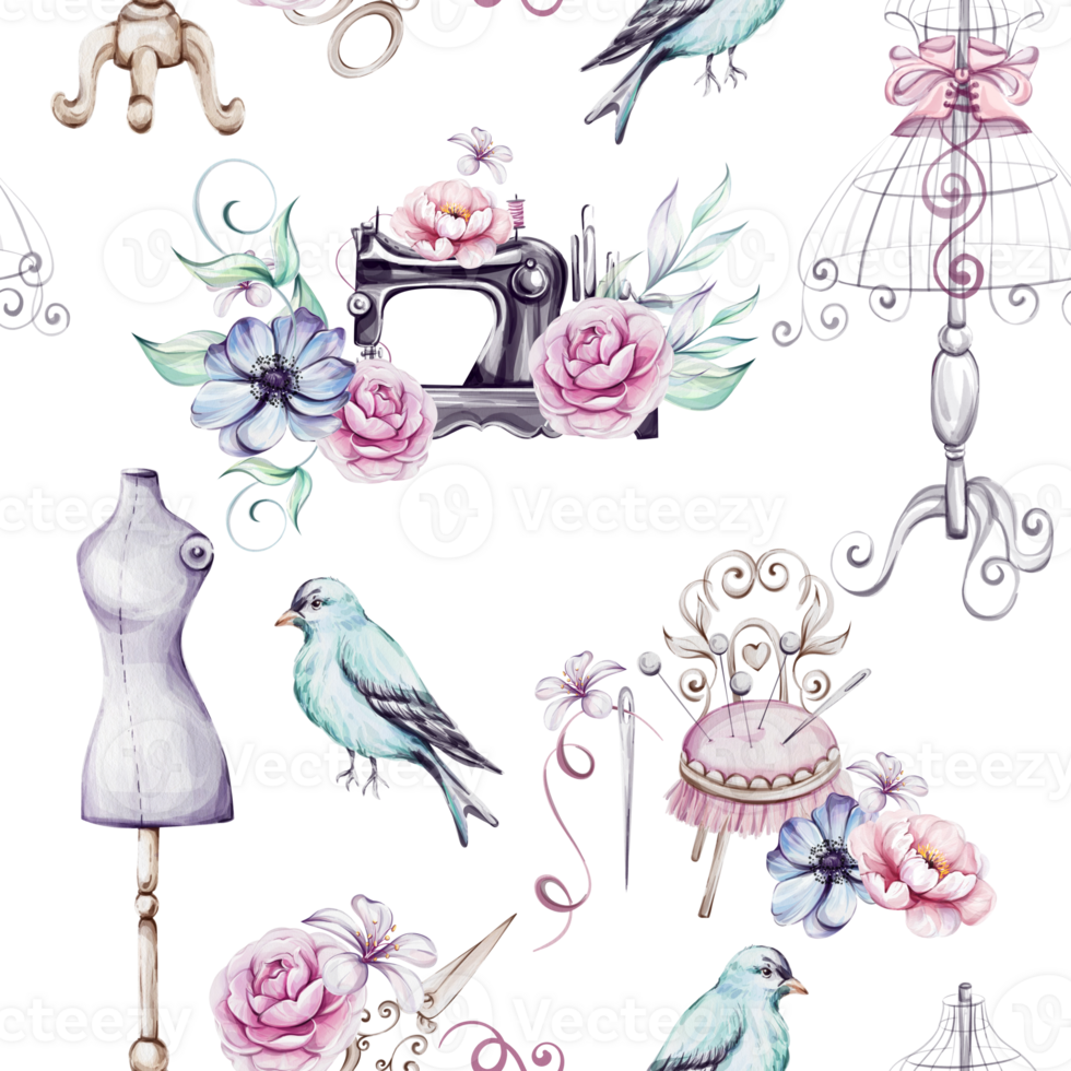 Watercolor Seamless Pattern Vintage Sewing Machine Mannequin Stand