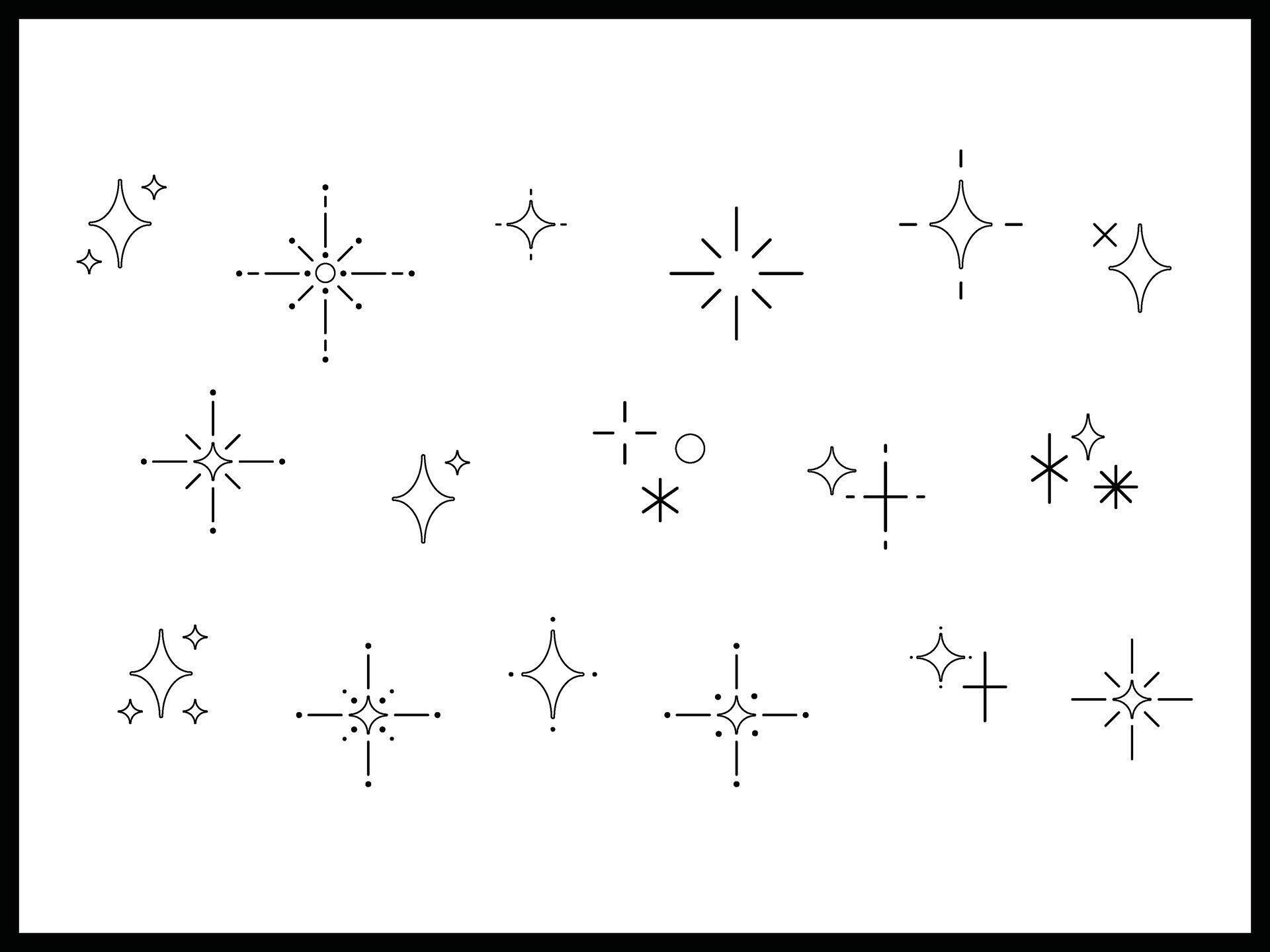 Cute flat simple minimal line illustration set of sparkle twinkle star icon elements in black ...