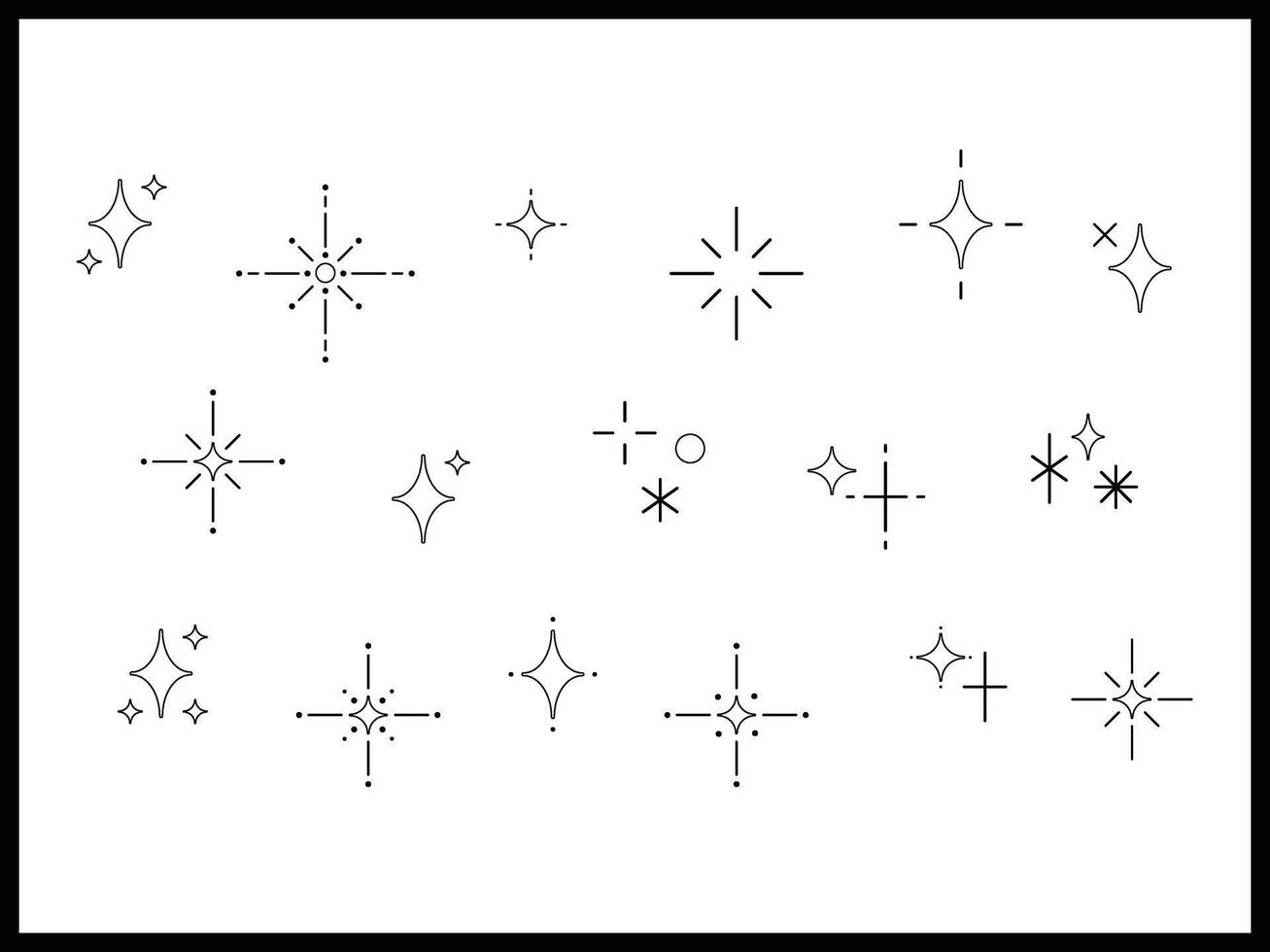 Cute flat simple minimal line illustration set of sparkle twinkle star icon elements in black ...