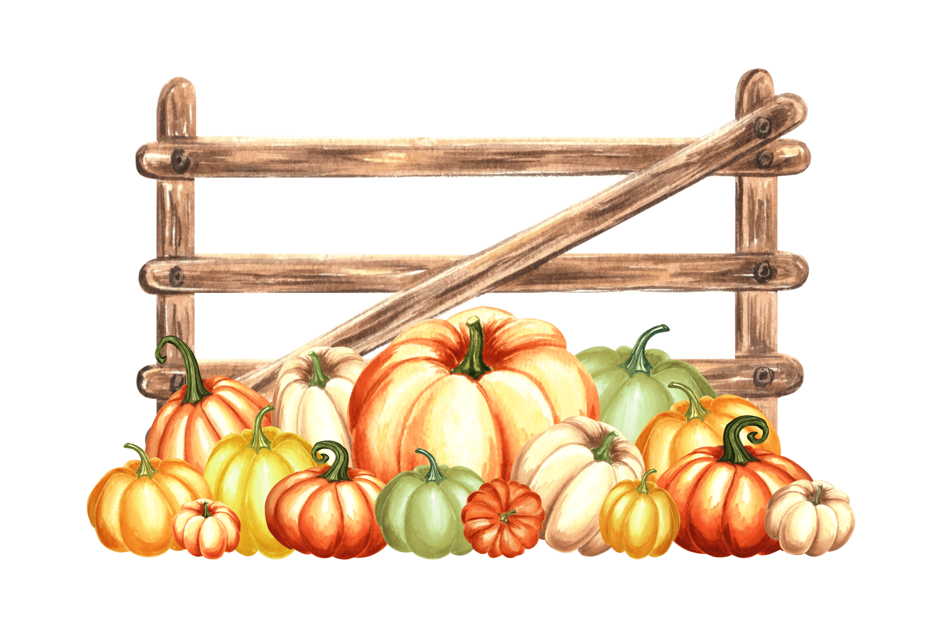 Pumpkins pile with wooden fence. Autumn composition. Hand drawn ...
