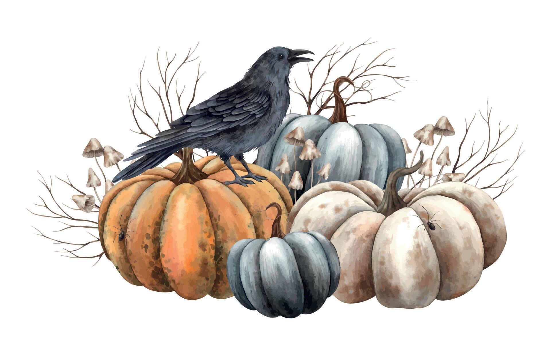 Pumpkins of different colors, black crow, poisonous mushrooms and dry ...