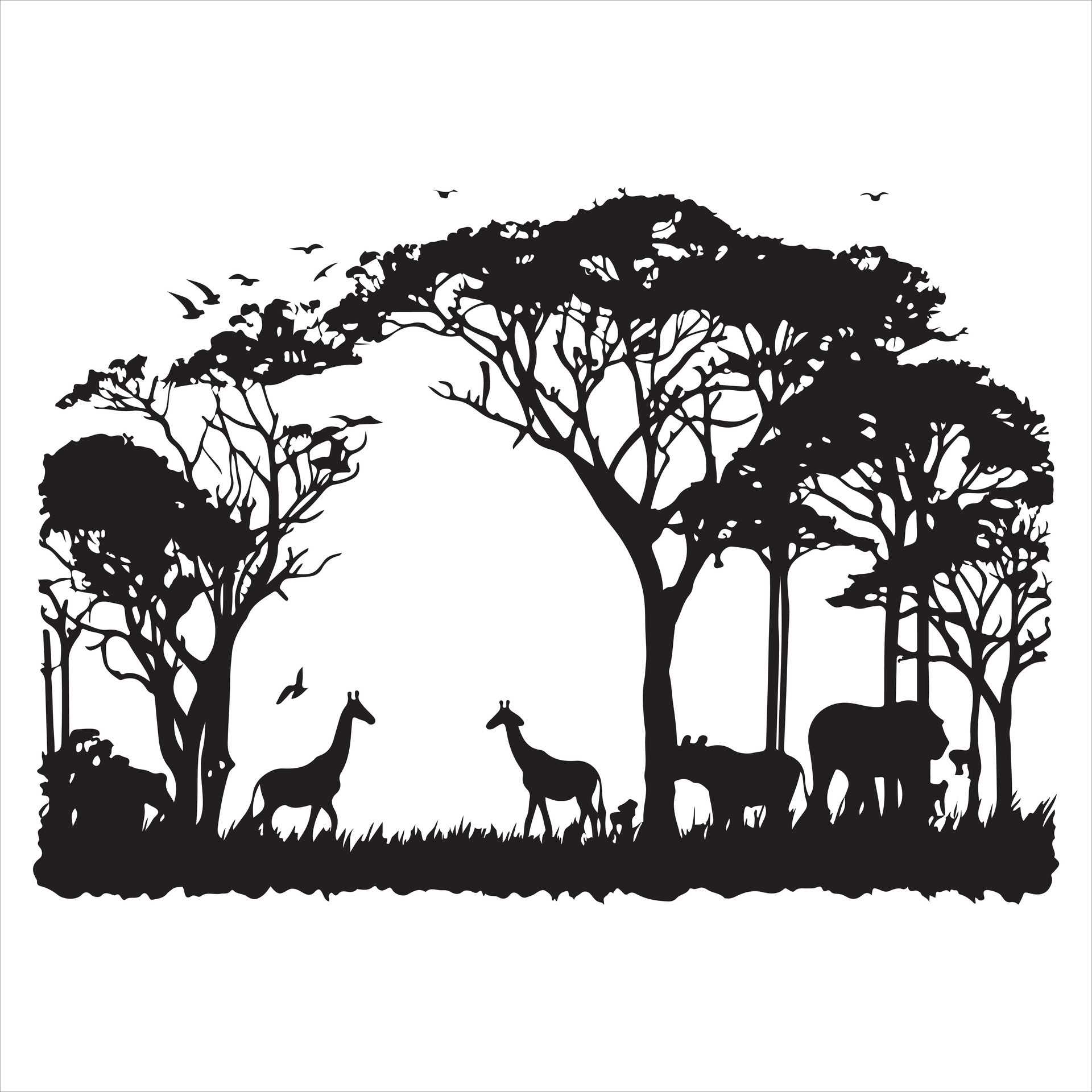 African safari animals and trees in scene silhouette white background ...