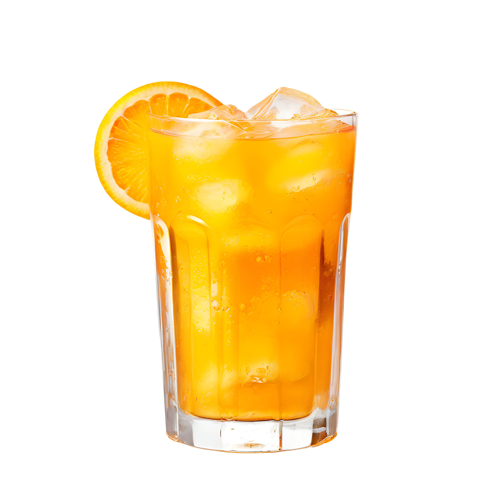 Glass of cold orange juice with ice isolated on transparent background, cut out, or clipping ...