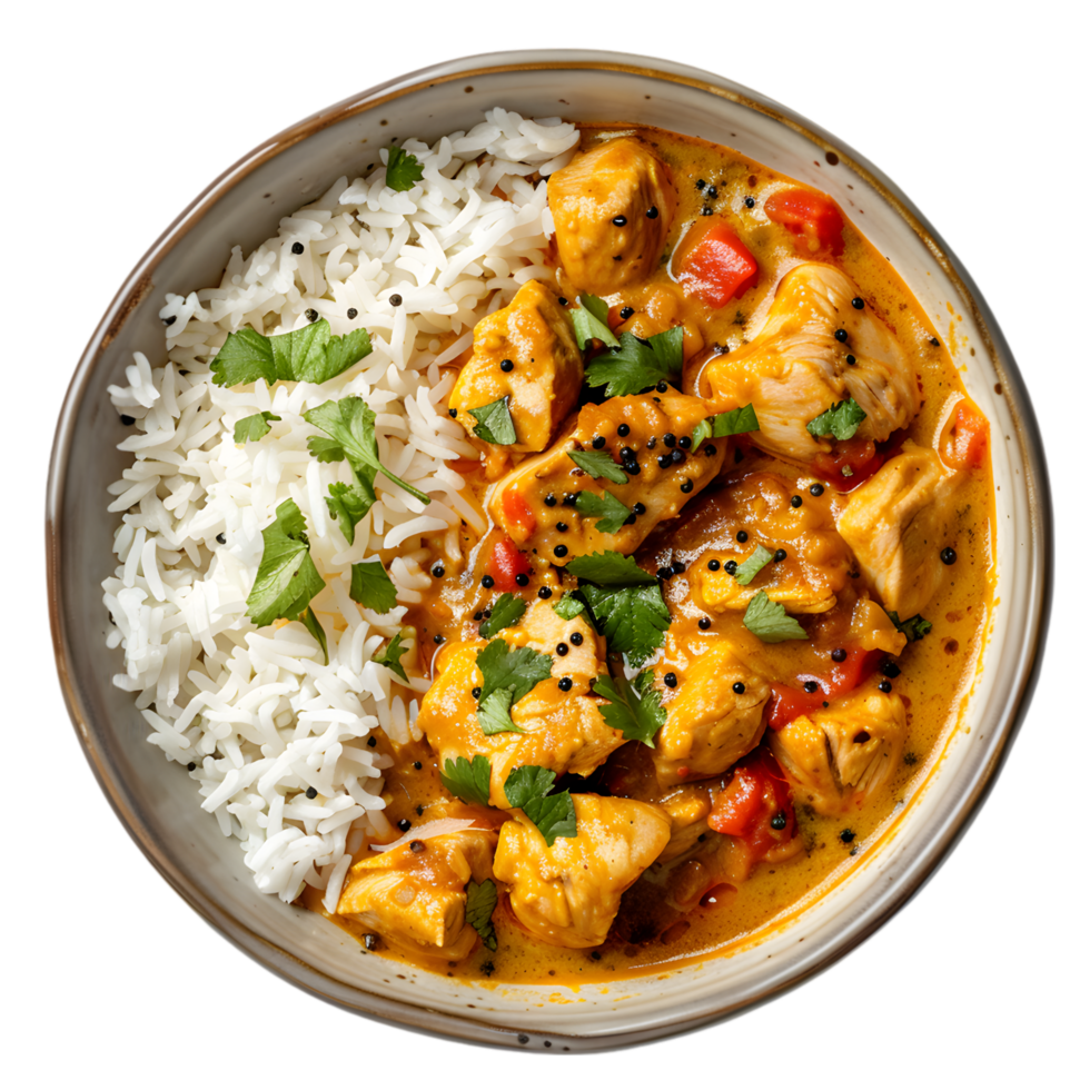 Bowl Of Traditional Indian Chicken Curry With Basmati Rice On
