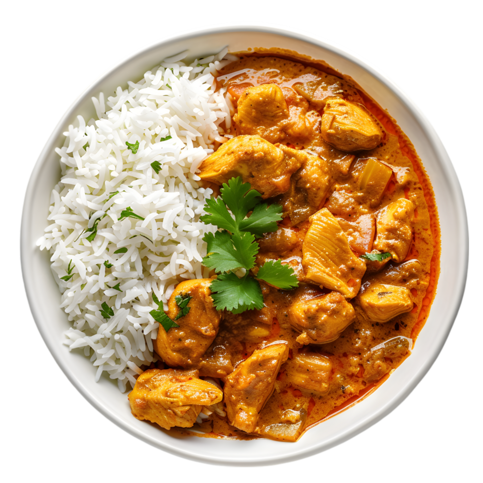 Bowl Of Traditional Indian Chicken Curry With Basmati Rice On
