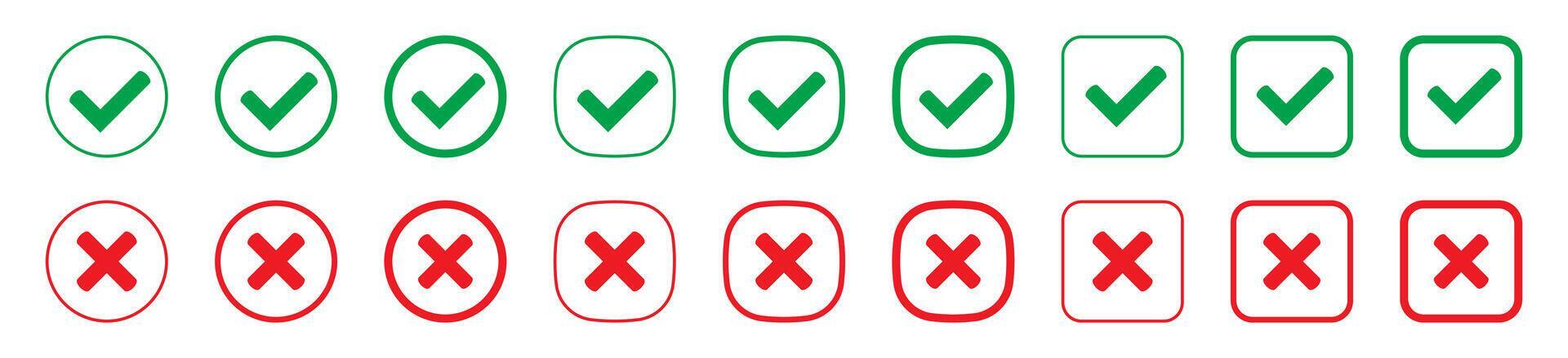 Right or wrong icons. Green tick and red cross checkmarks. Yes or no symbol, approved or ...