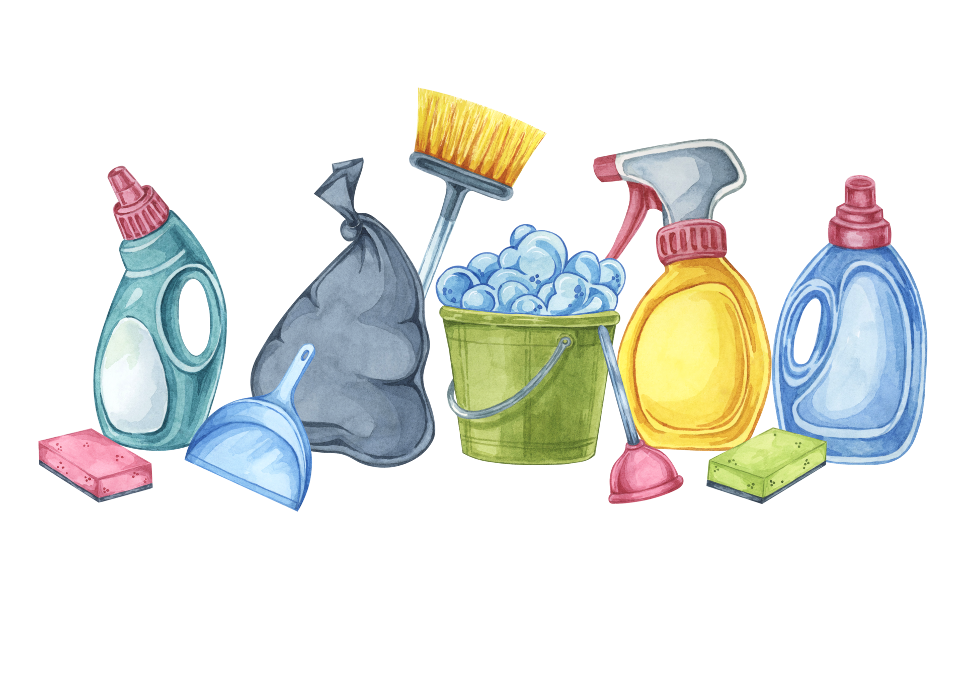 Array of cleaning supplies. Watercolor clipart for cleaning services, housekeeping businesses ...