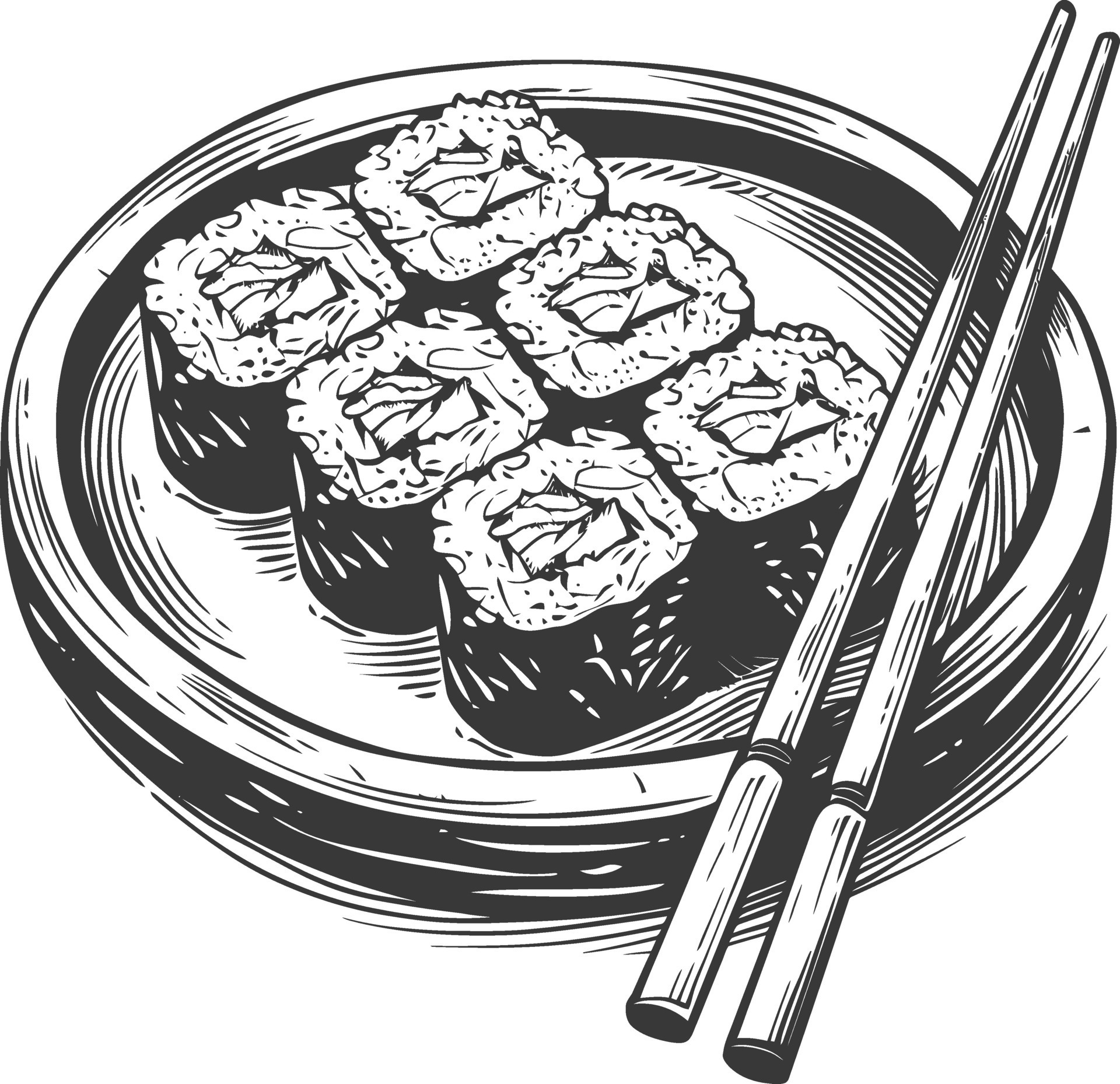 Black and white illustration of a plate of sushi with chopsticks 47504830 Vector Art at Vecteezy